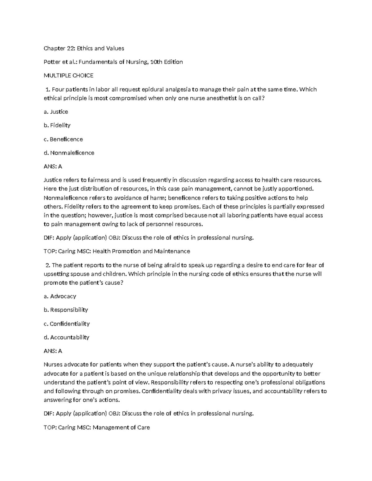 Chapter 22 Ethics and Values study - Chapter 22: Ethics and Values Potter et al.: Fundamentals ...