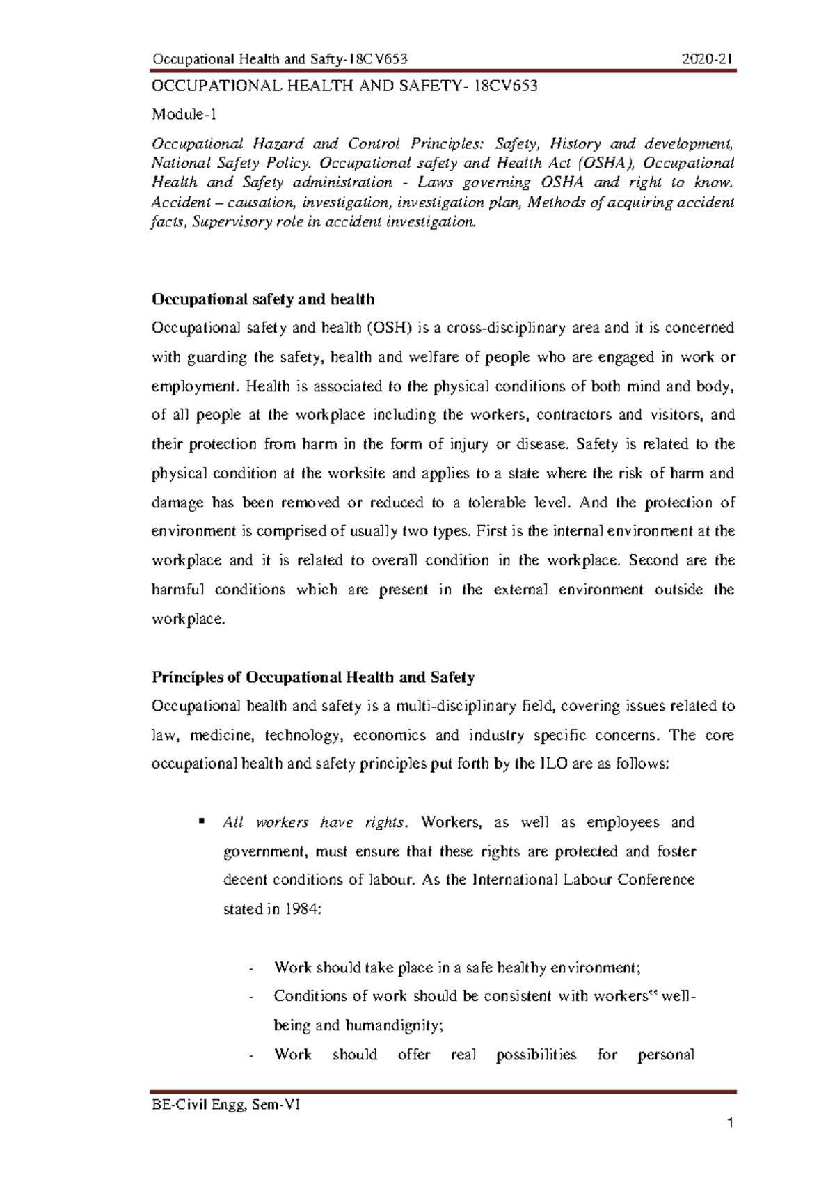 Ohs full notes - BE-Civil Engg, Sem-VI OCCUPATIONAL HEALTH AND SAFETY ...