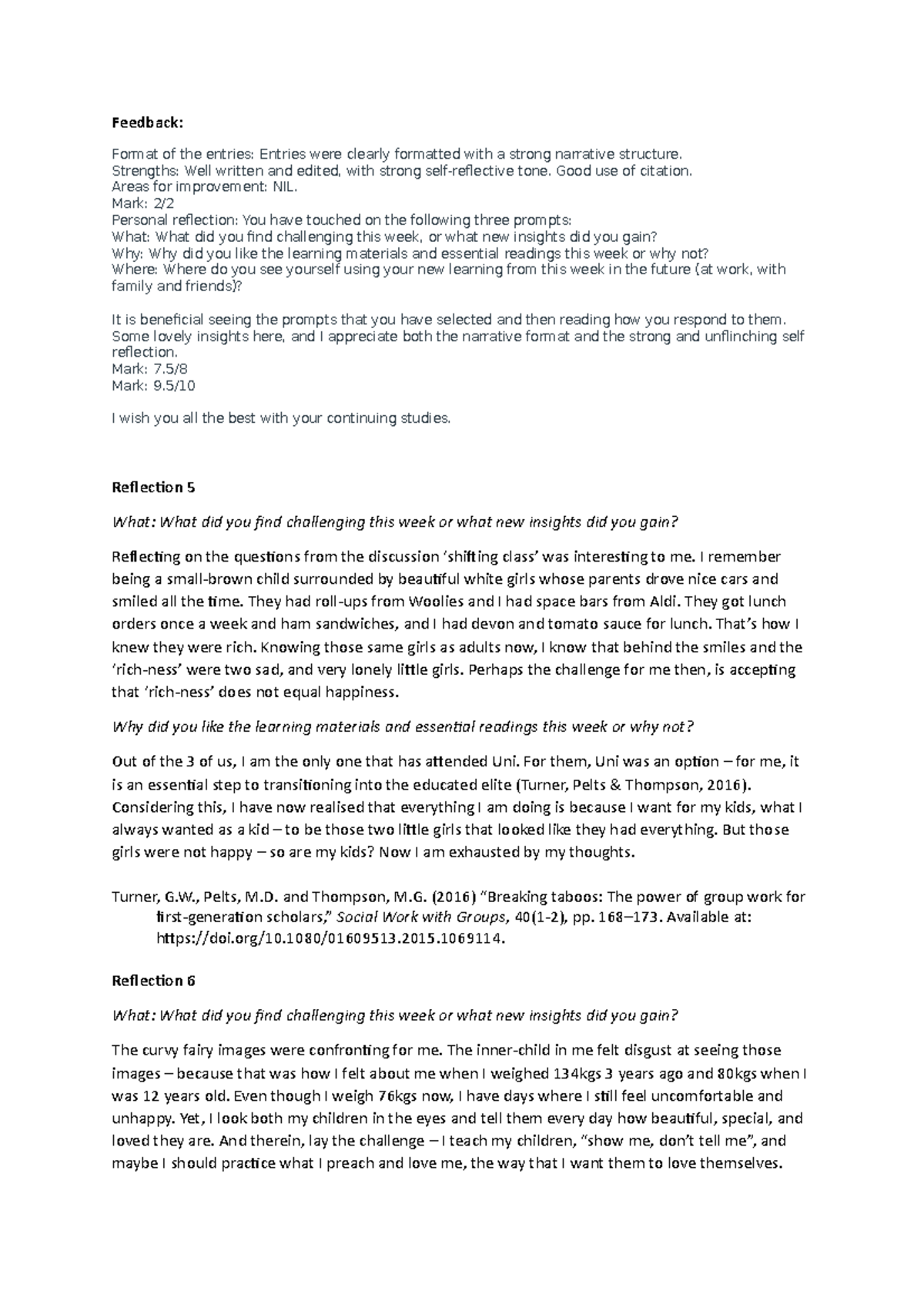 HD 95% - Assignment 2C: Reflective journals 5 and 6 - Feedback: Format ...