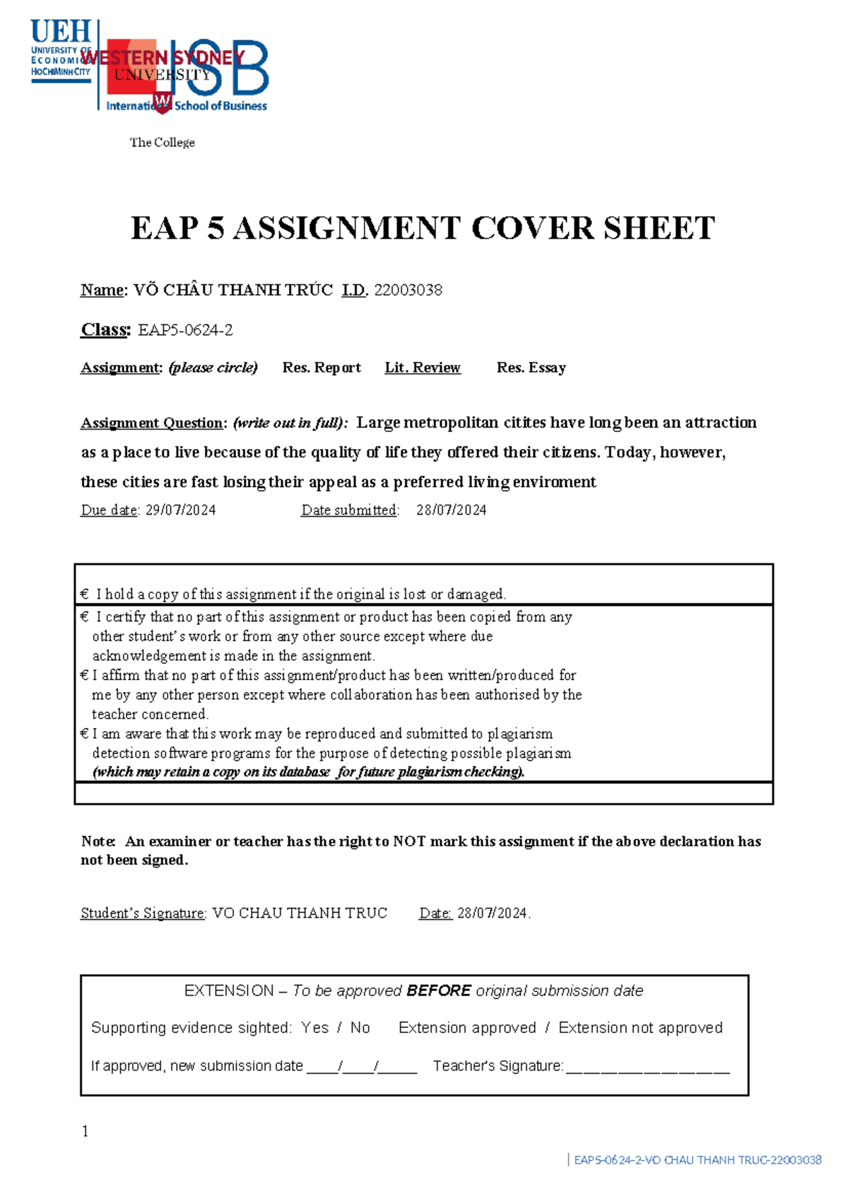 EAP5-0624-Critical Literature -Vo Chau Thanh Truc - 22003 038 - EAP 5 ASSIGNMENT COVER SHEET ...