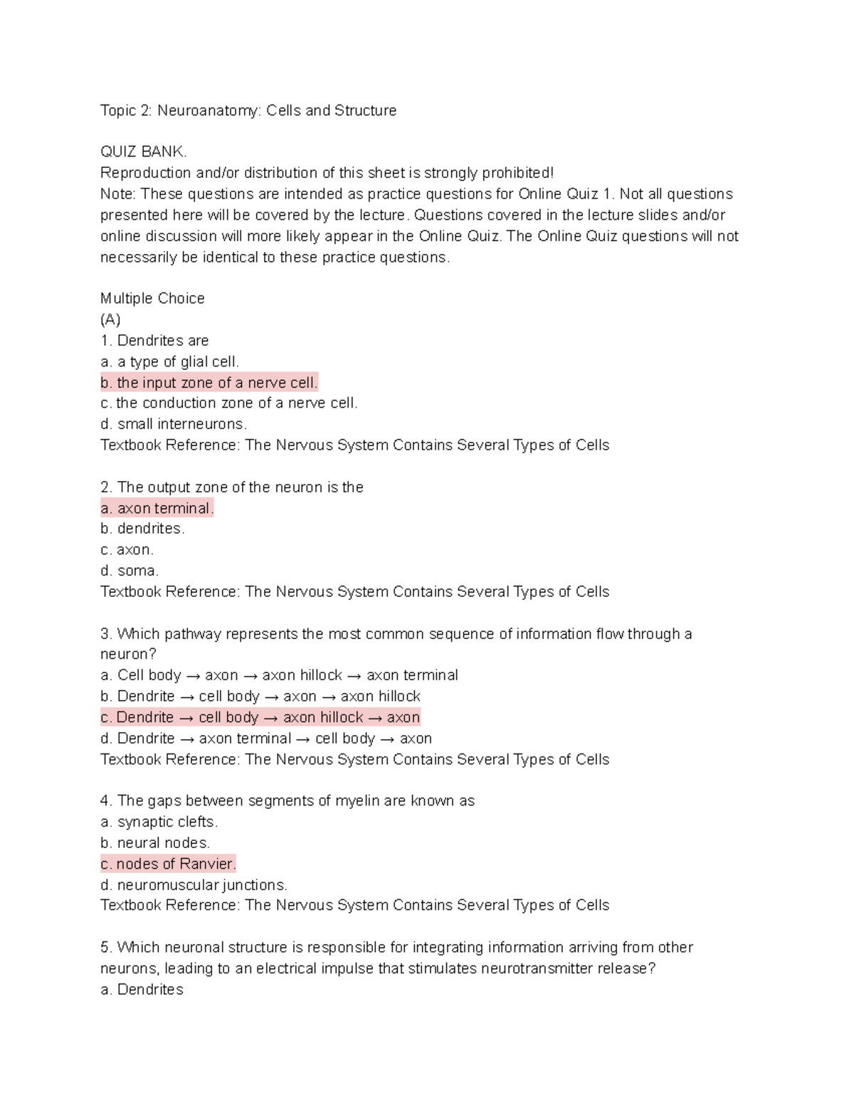 Topic 2 Neuroanatomy Cells and Structure Quiz - Psyc 2520 - Memorial ...