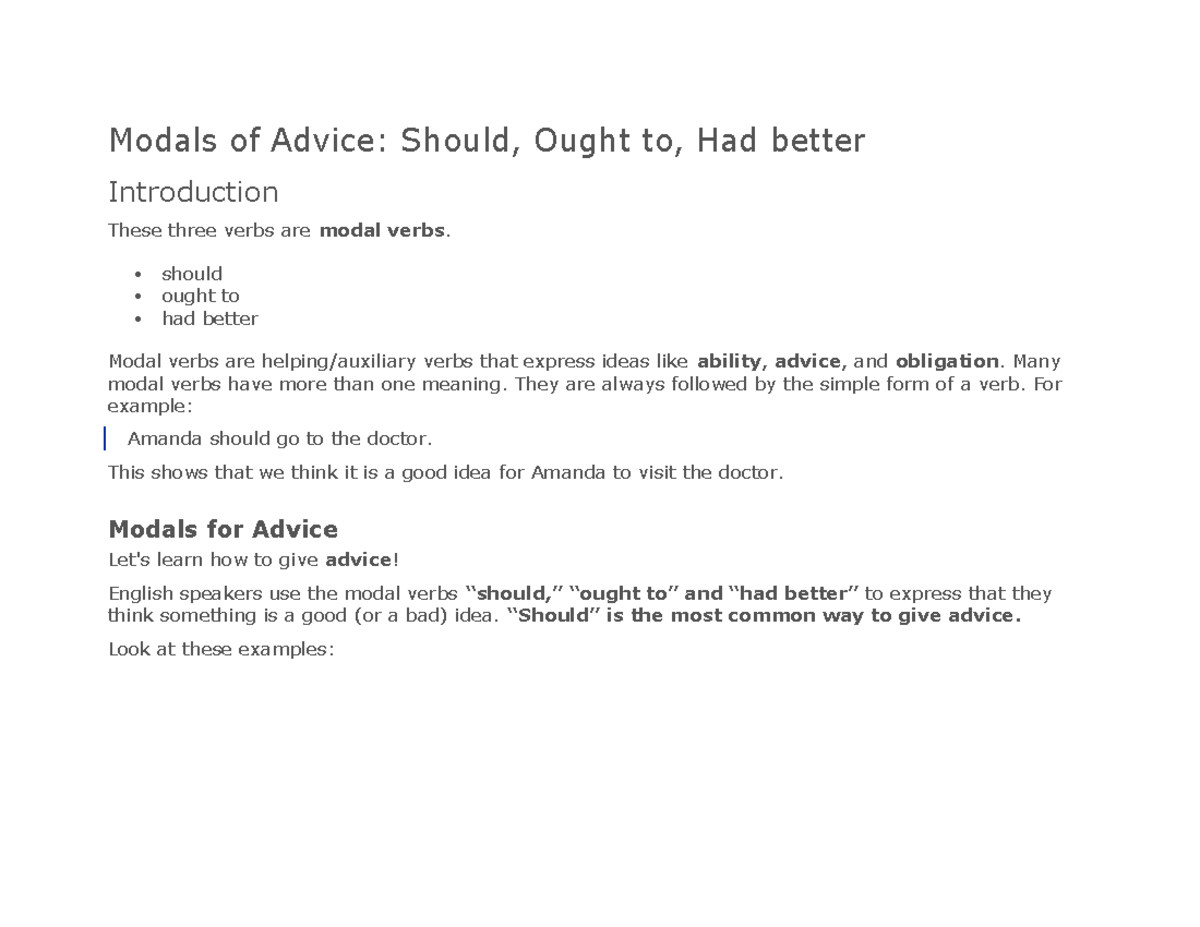 Modal verbs advice, possibility, necessity - Modals of Advice: Should ...