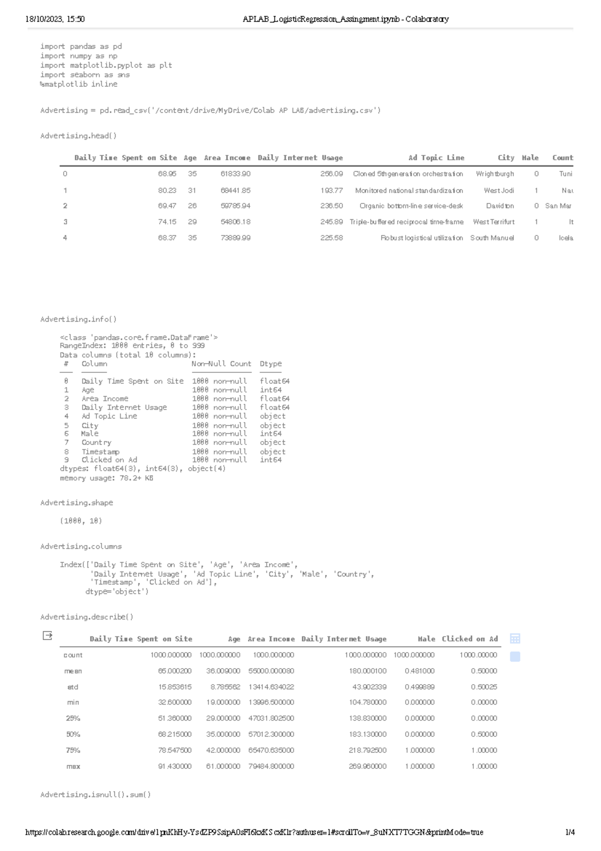 Aplab Logistic Regression Assingment.ipynb - Colaboratory - import pandas as pd import numpy as ...
