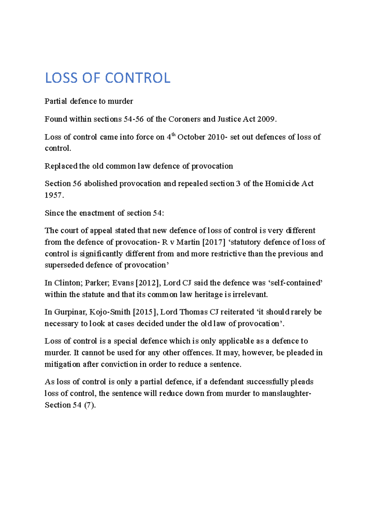 Loss of control notes - LOSS OF CONTROL Partial defence to murder Found ...