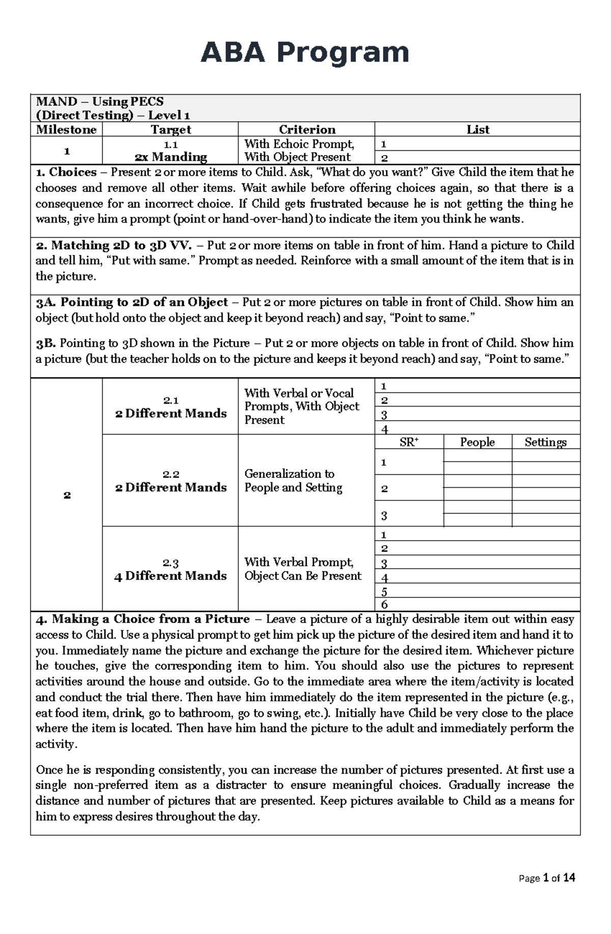 ABA Program Level 1 - Child behavior - MAND – Using PECS (Direct ...