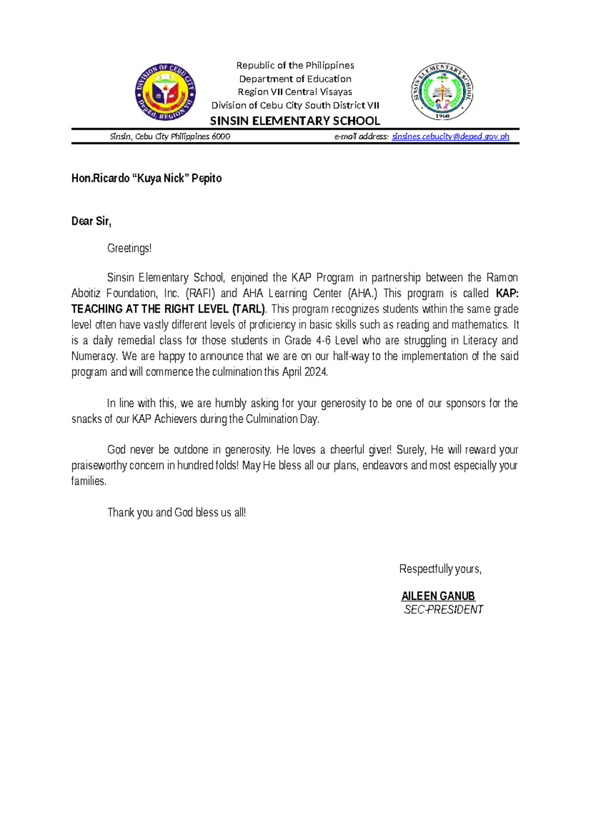 Solicitation- Letter AHA Program - Republic of the Philippines ...
