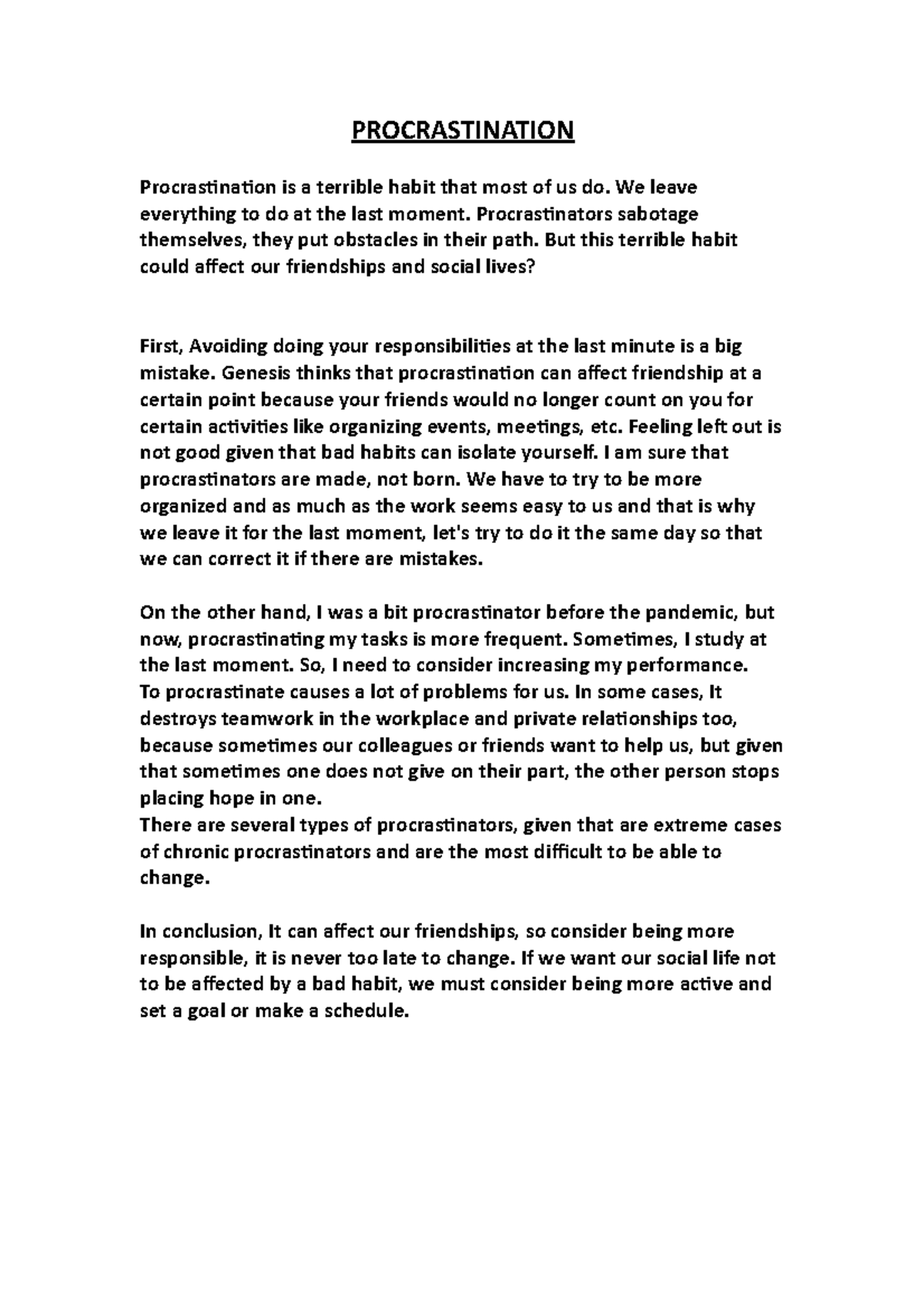 Procrastination - Writing draft - PROCRASTINATION Procrastination is a ...