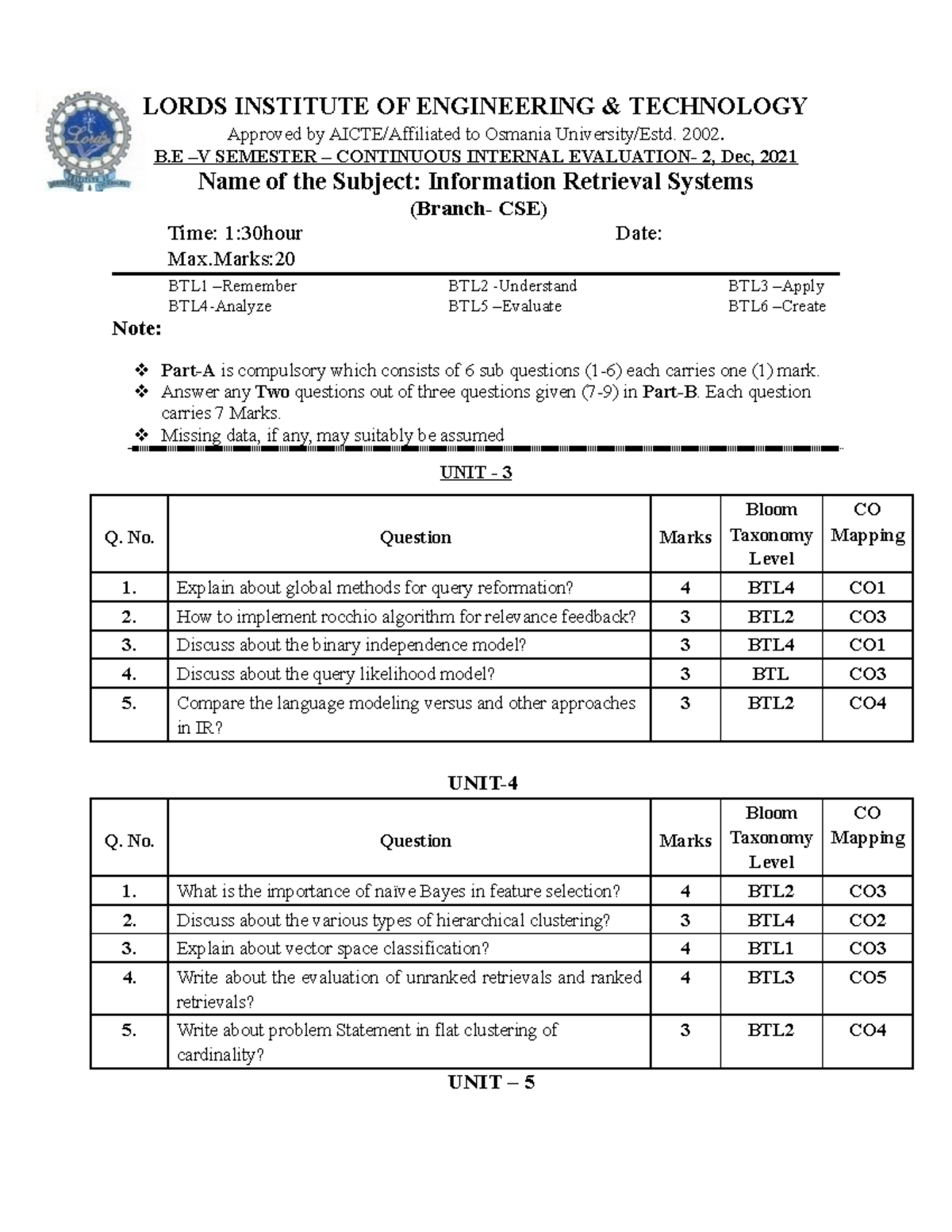 IRS Questions unitwise - LORDS INSTITUTE OF ENGINEERING & TECHNOLOGY ...