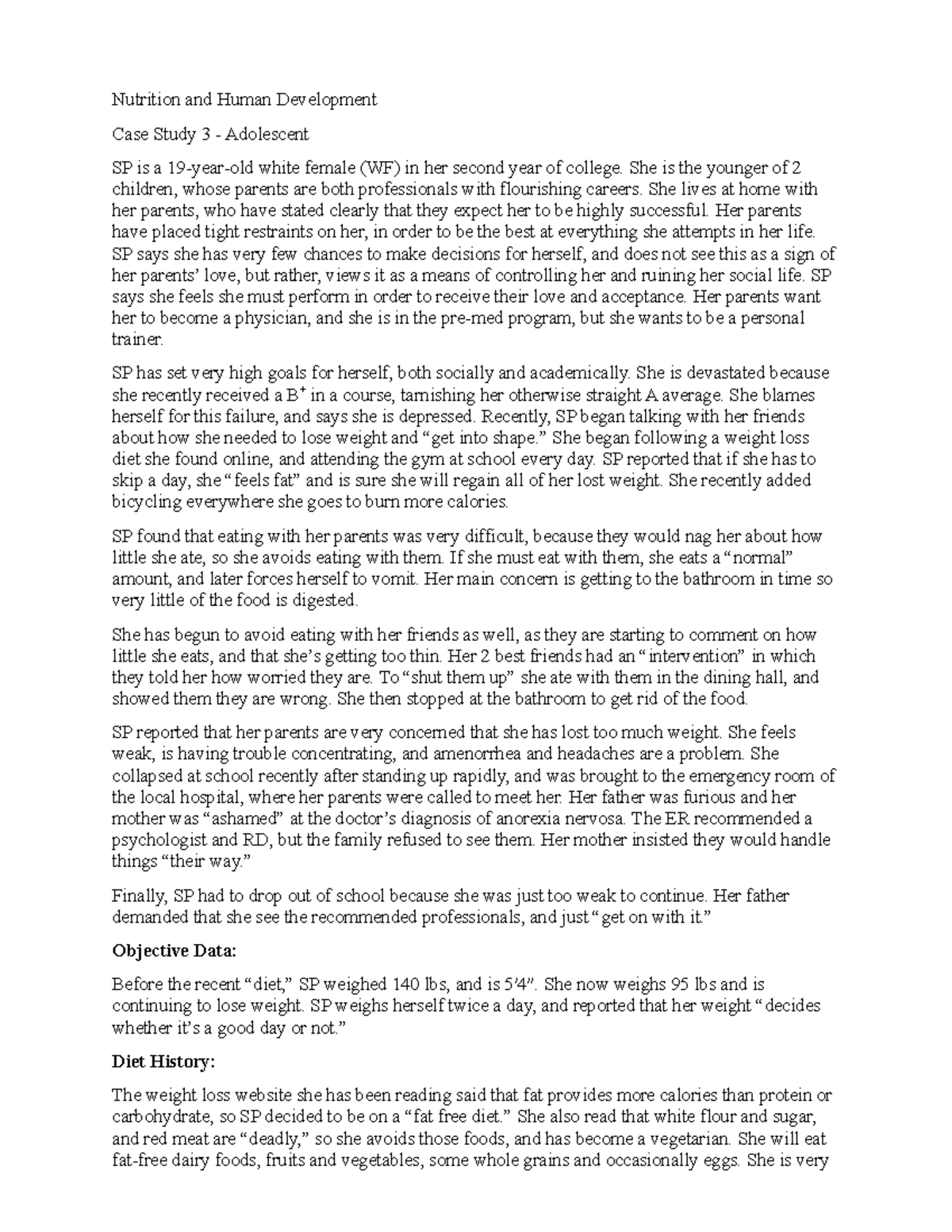 Case Study 3 - Adolescent (eating disorder) - Nutrition and Human ...