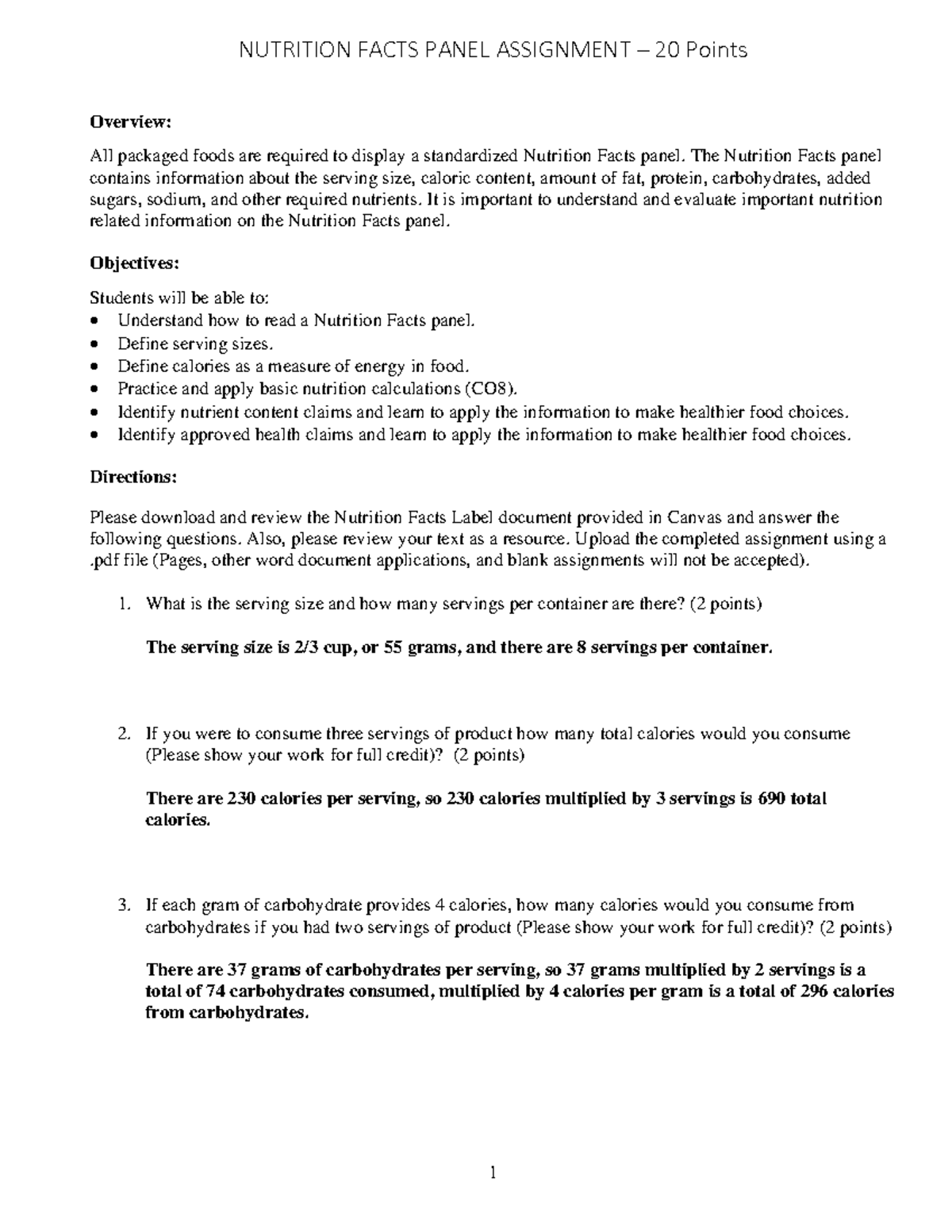 Nutrition Assignment 1 - NUTRITION FACTS PANEL ASSIGNMENT – 20 Points 1 ...