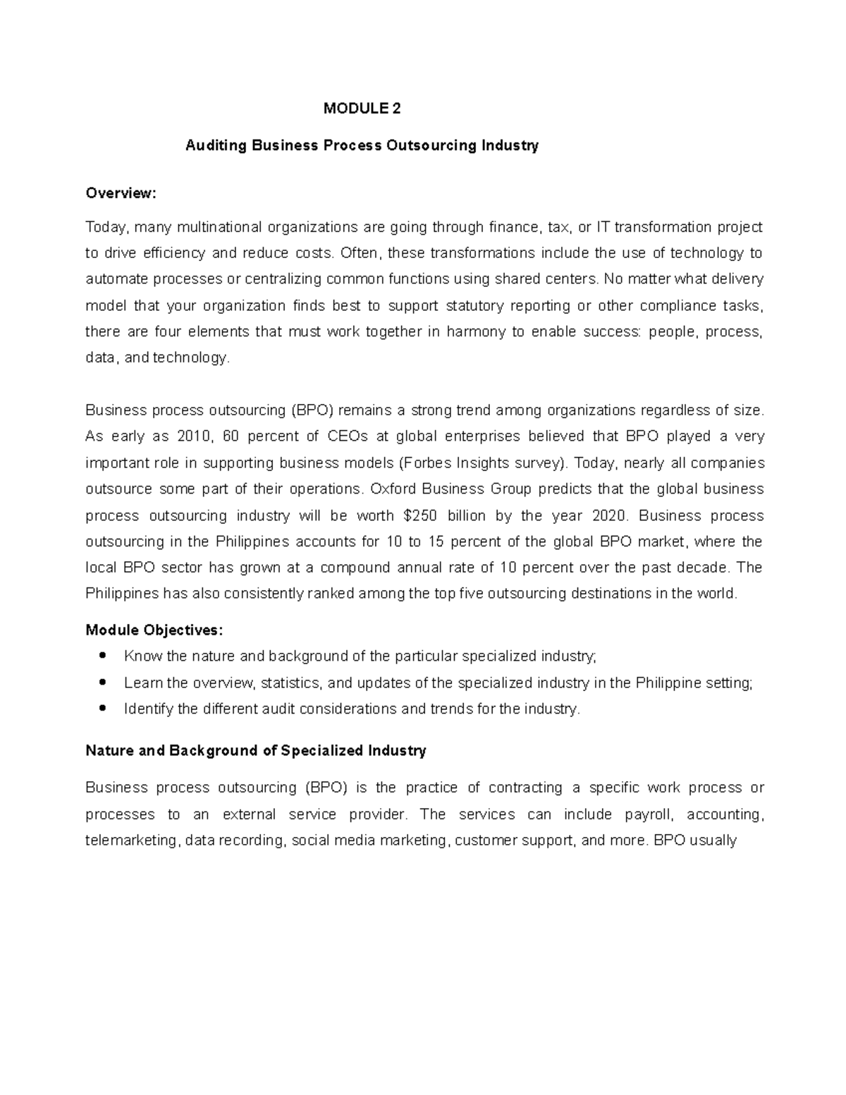 Module 2 Auditing and Assurance Specialized Industries - MODULE 2 Auditing Business Process ...