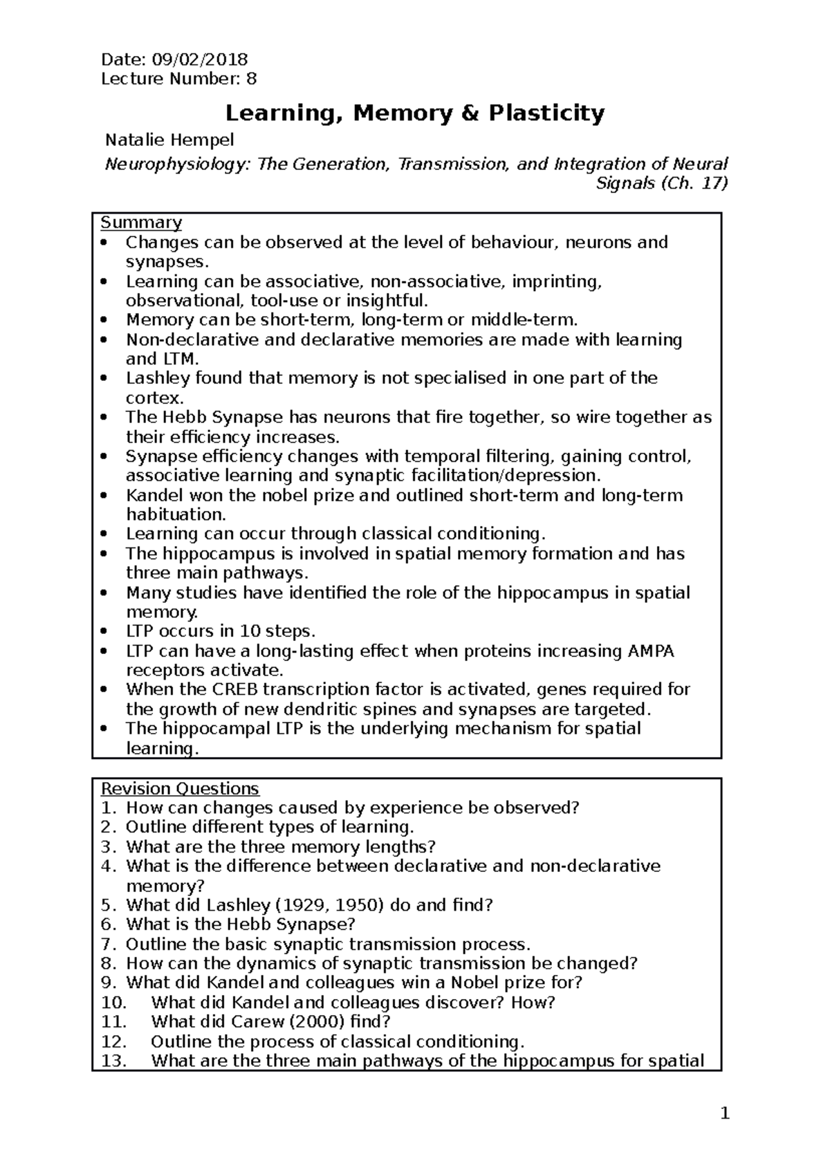 Learning, Memory & Plasticity - Lecture Number: 8 Learning, Memory & Plasticity Natalie Hempel ...