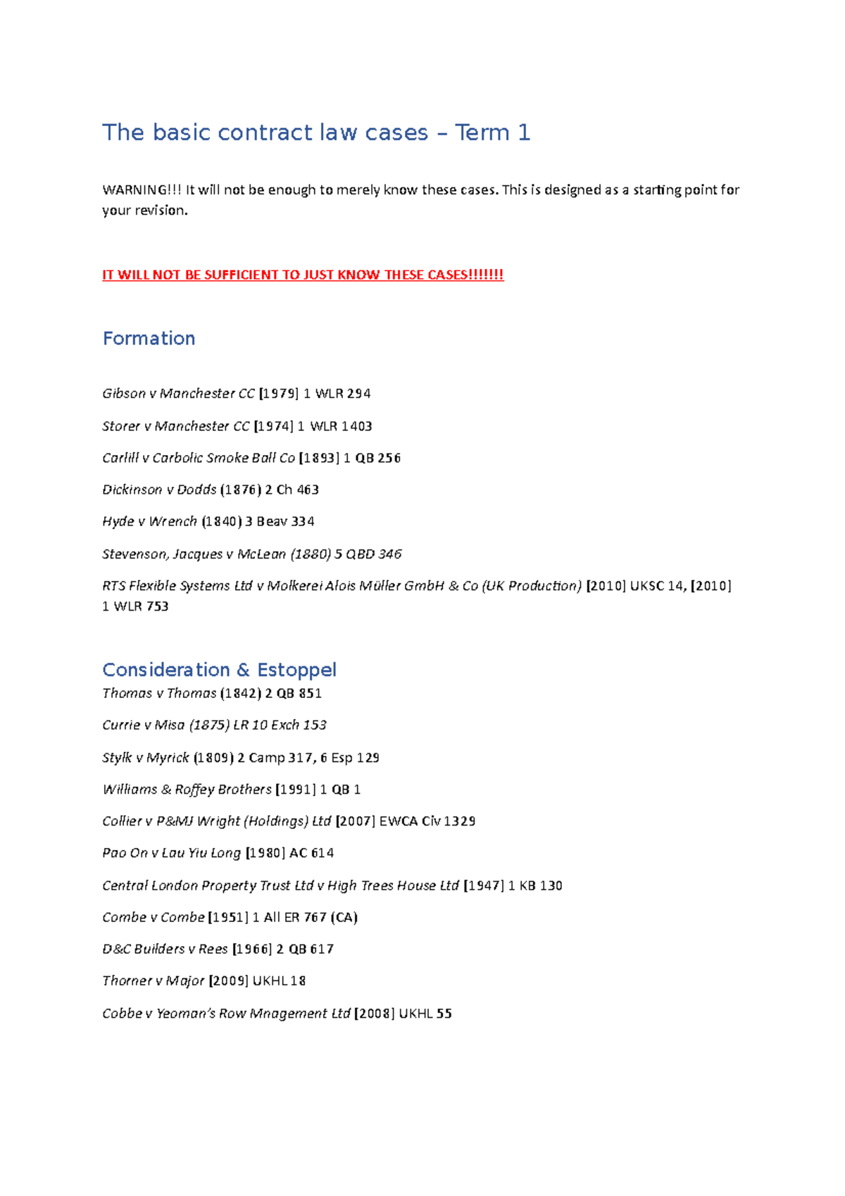The basic contract law cases- Term 1 - The basic contract law cases ...
