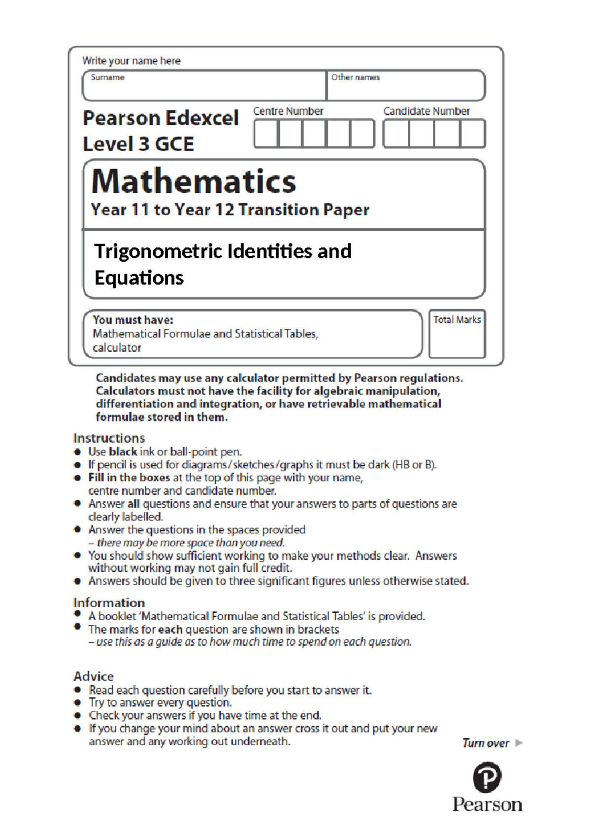 Chapter 10 Trigonometric Identities and Equations Question Paper ...