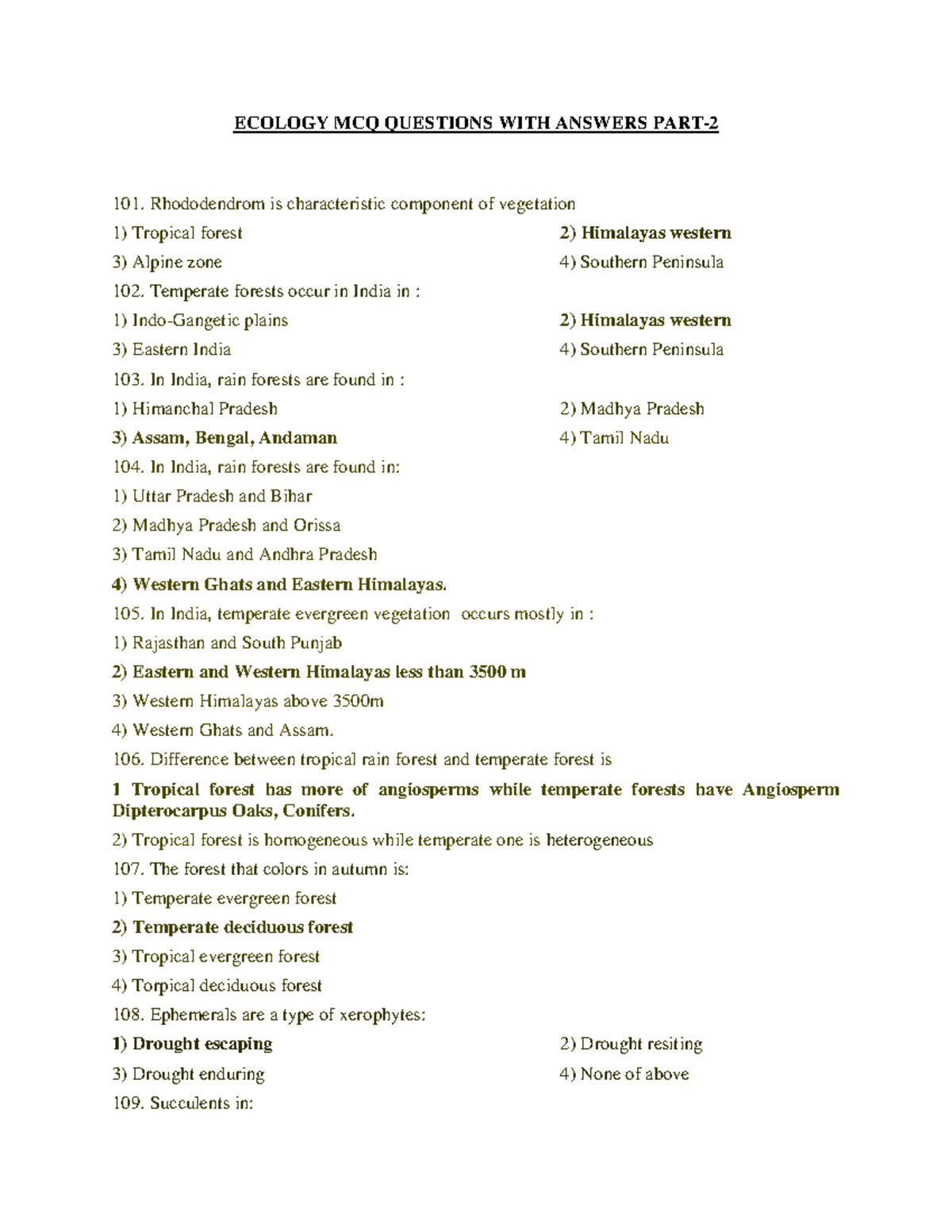 Ecology Practice Questions WITH Answers 2 - ECOLOGY MCQ QUESTIONS WITH ...