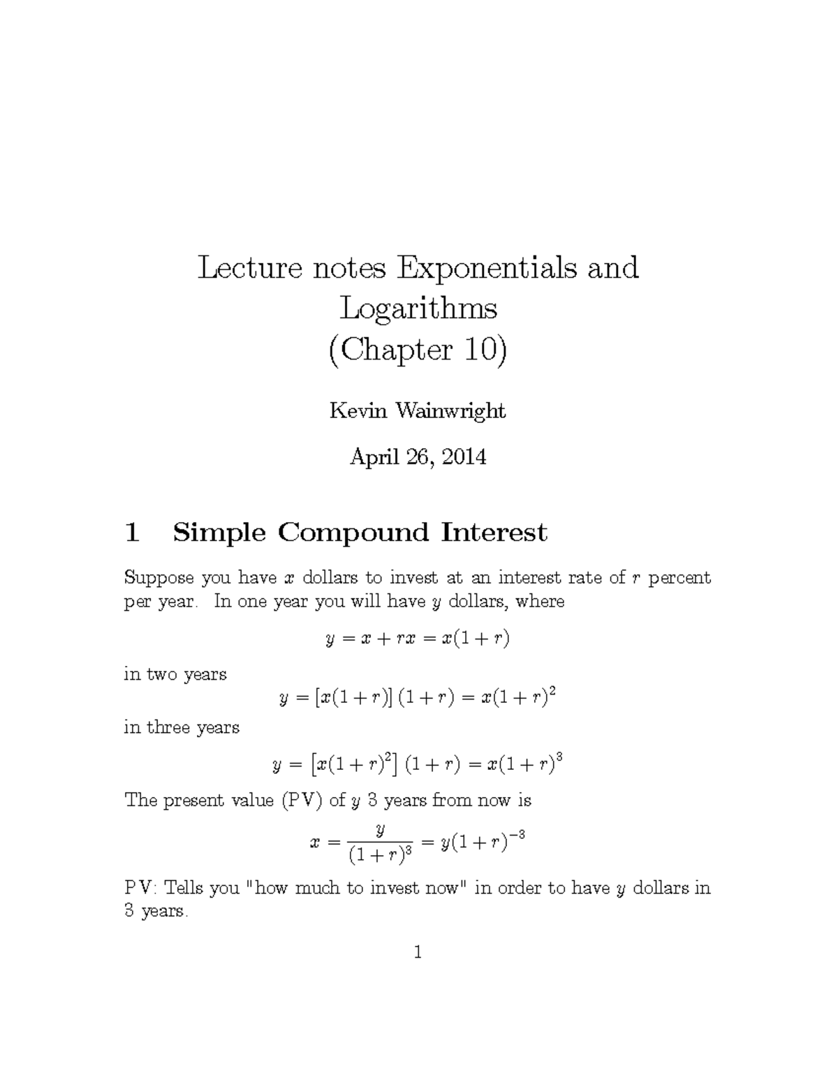 Chapter 10 - Lecture notes Exponentials and Logarithms (Chapter 10 ...