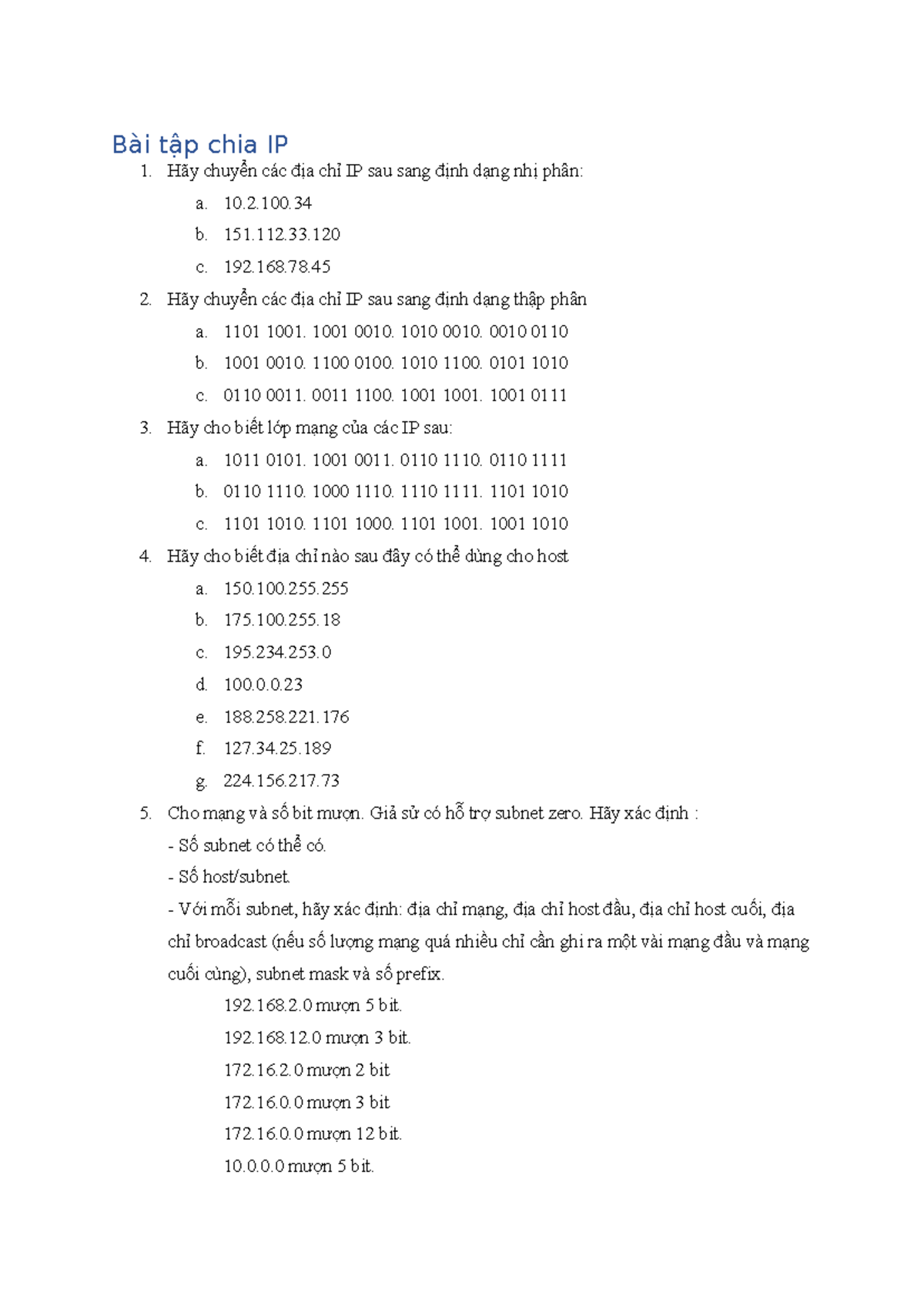 Btap ip new - Bài tập chia IP 1. Hãy chuyển các địa chỉ IP sau sang ...