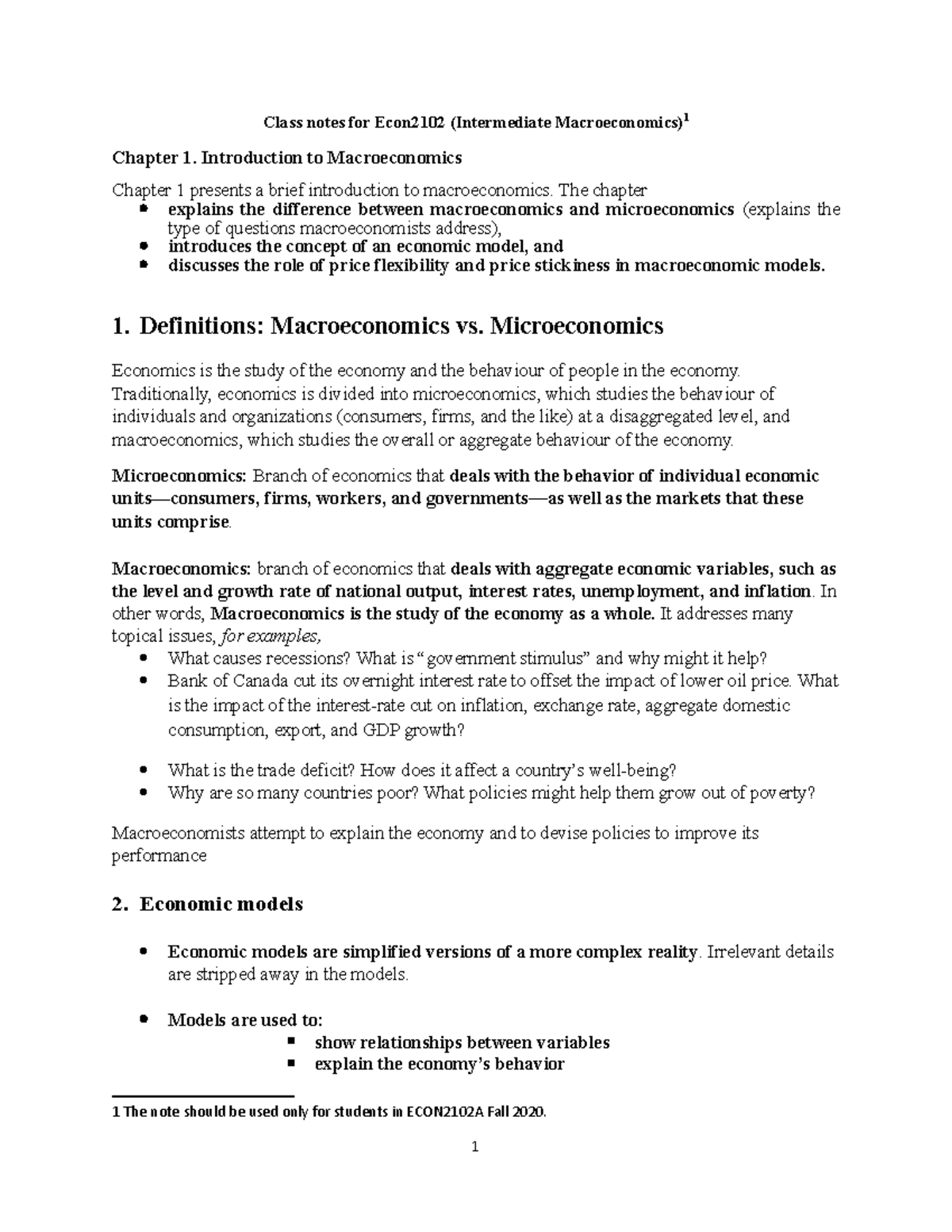Class notes introduction chapters 1 and 2 - Class notes for Econ2102 ...
