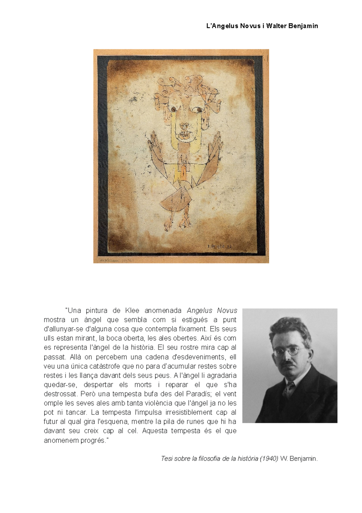 Angelus Novus - Benjamin - L’Angelus Novus i Walter Benjamin “Una ...