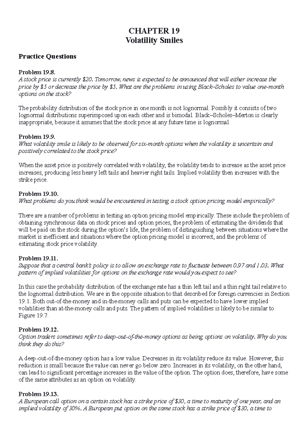 DS - Chapter 19 Solutions - CHAPTER 19 Volatility Smiles Practice ...