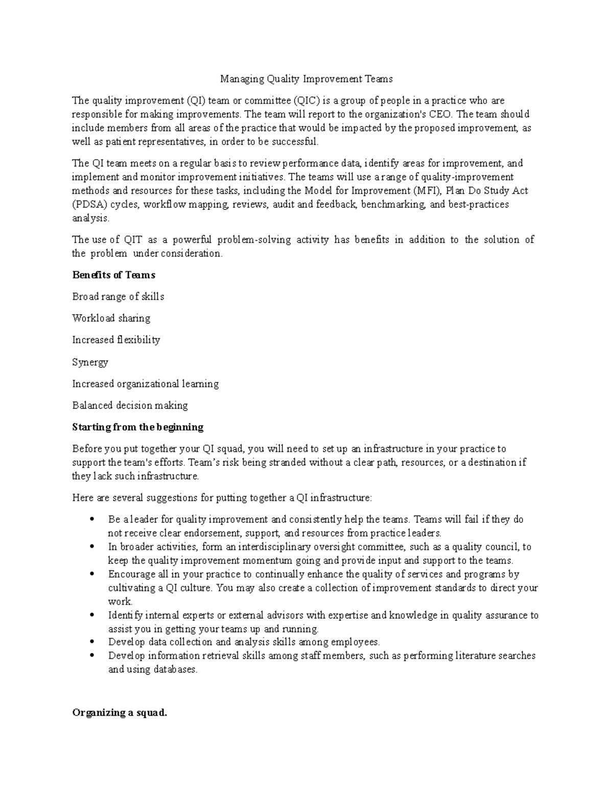 Managing Quality Improvement Teams - The team will report to the ...