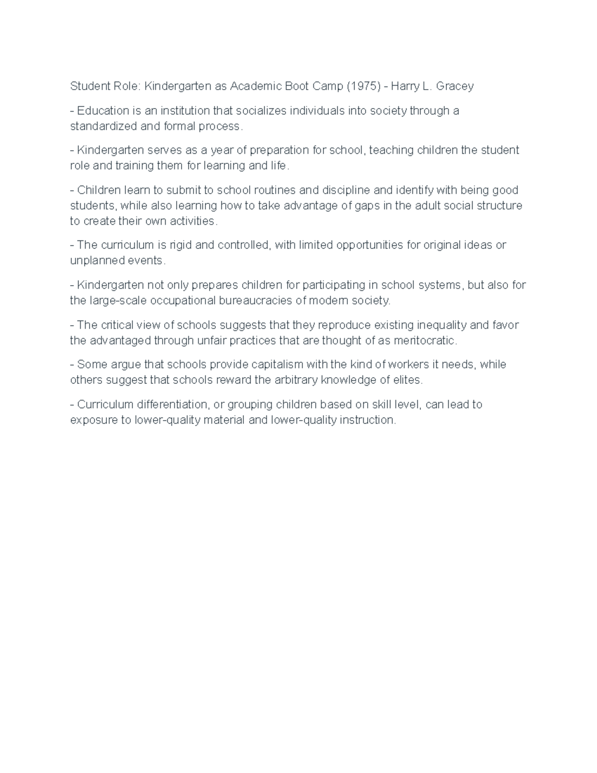 Gracey Reading - Student Role: Kindergarten as Academic Boot Camp (1975 ...