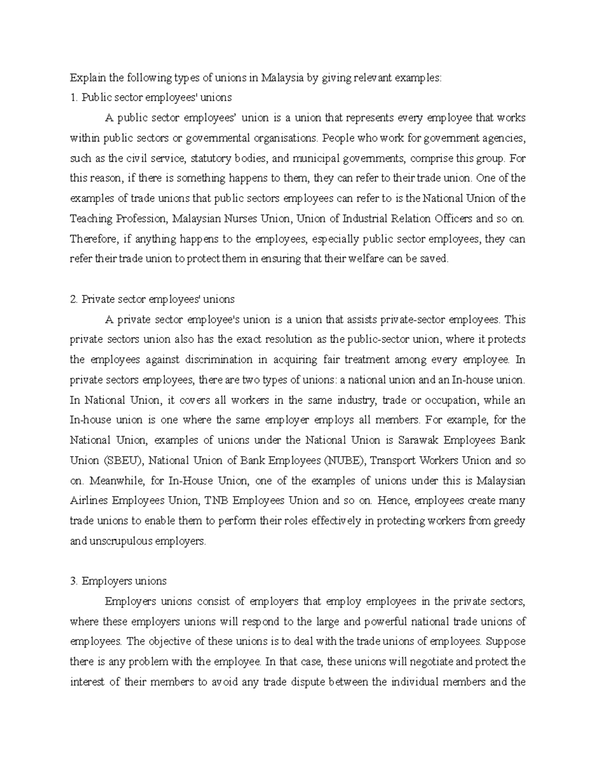 Tutorial 2 Types of unions in Malaysia by giving relevant examples ...