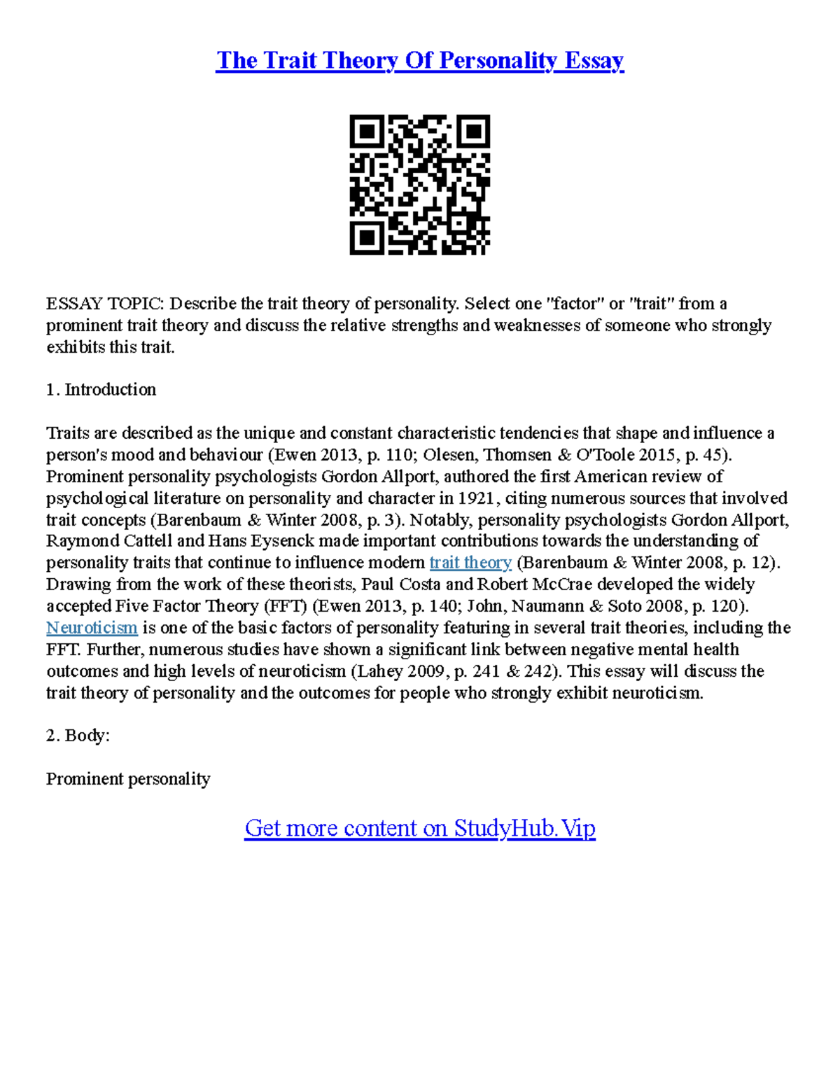 Personality Profile Essay - The Trait Theory Of Personality Essay ESSAY ...