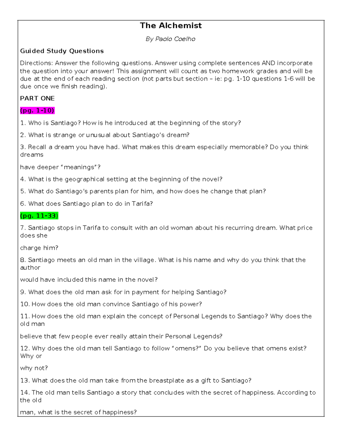 Guided Questions PART ONE THE Alchemist - The Alchemist By Paolo Coelho ...