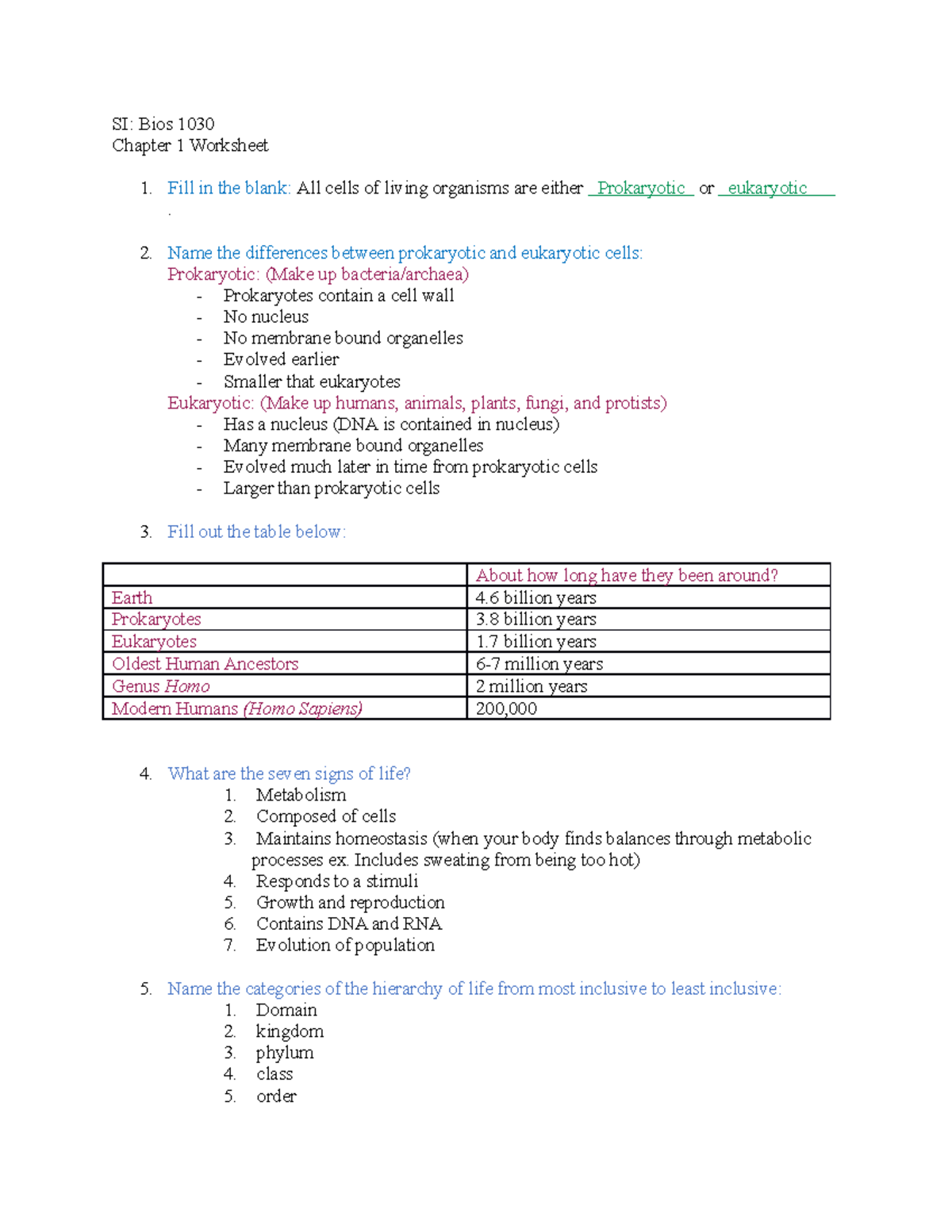 Biology Chapter 1 SI - SI: Bios 1030 Chapter 1 Worksheet Fill in the ...
