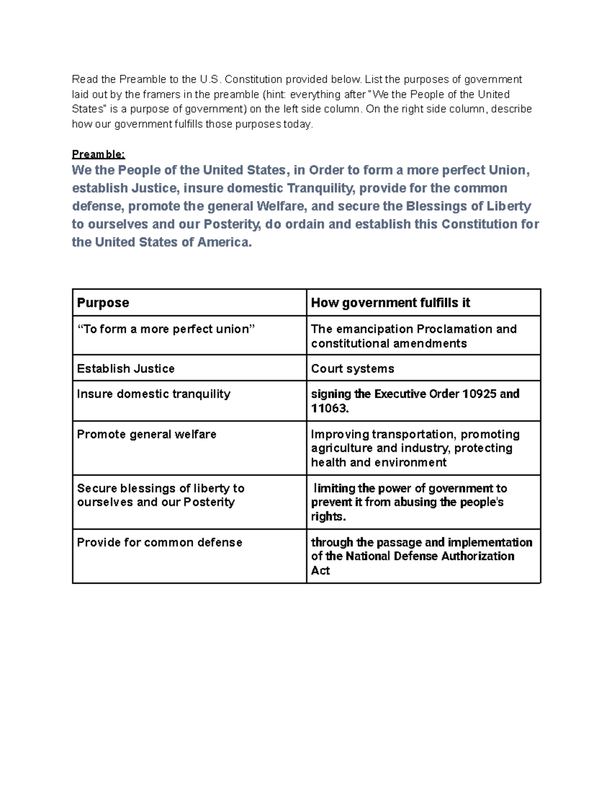 Colton West - Purposes of Government 22-23 - Read the Preamble to the U ...