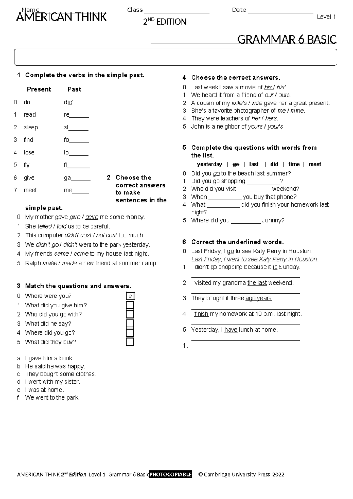 Thk2e Am E L1 Grammar Basic Unit 6 - AMERICAN THINK GRAMMAR 6 BASIC Level 1 2 ND EDITION Name ...