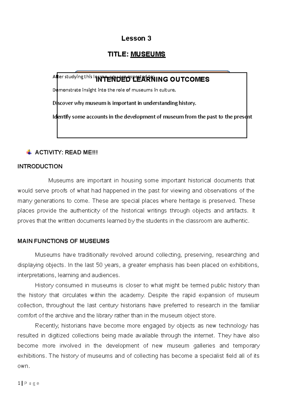 Lesson 3 5 Museums Module 3 Answer Key 1 P A G E After Studying