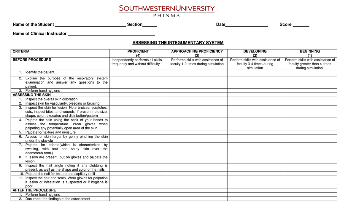 Assessing the Integumentary System Rubrics and Procedures - Name of the ...