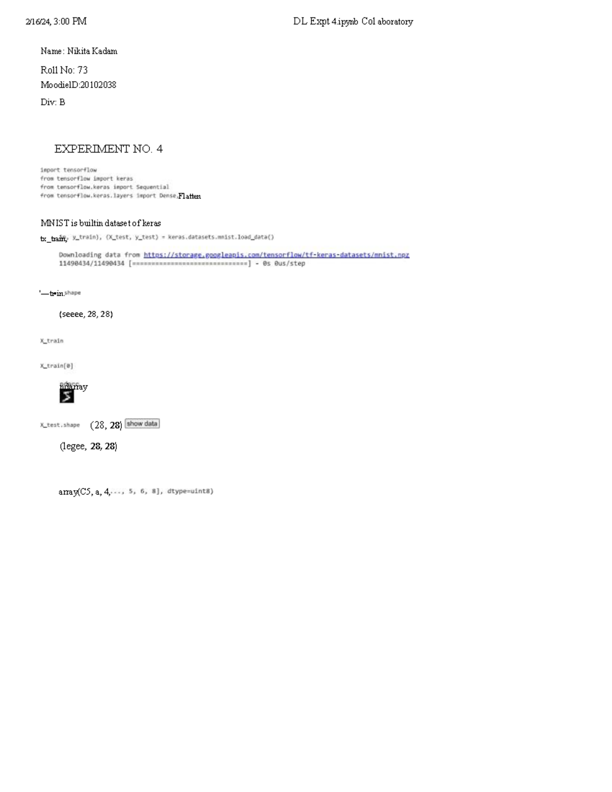 DL Exp4 - Experiment 4 - Name: Nikita Kadam Roll No: 73 MoodielD:20102 038 Div: B EXPERIMENT NO ...