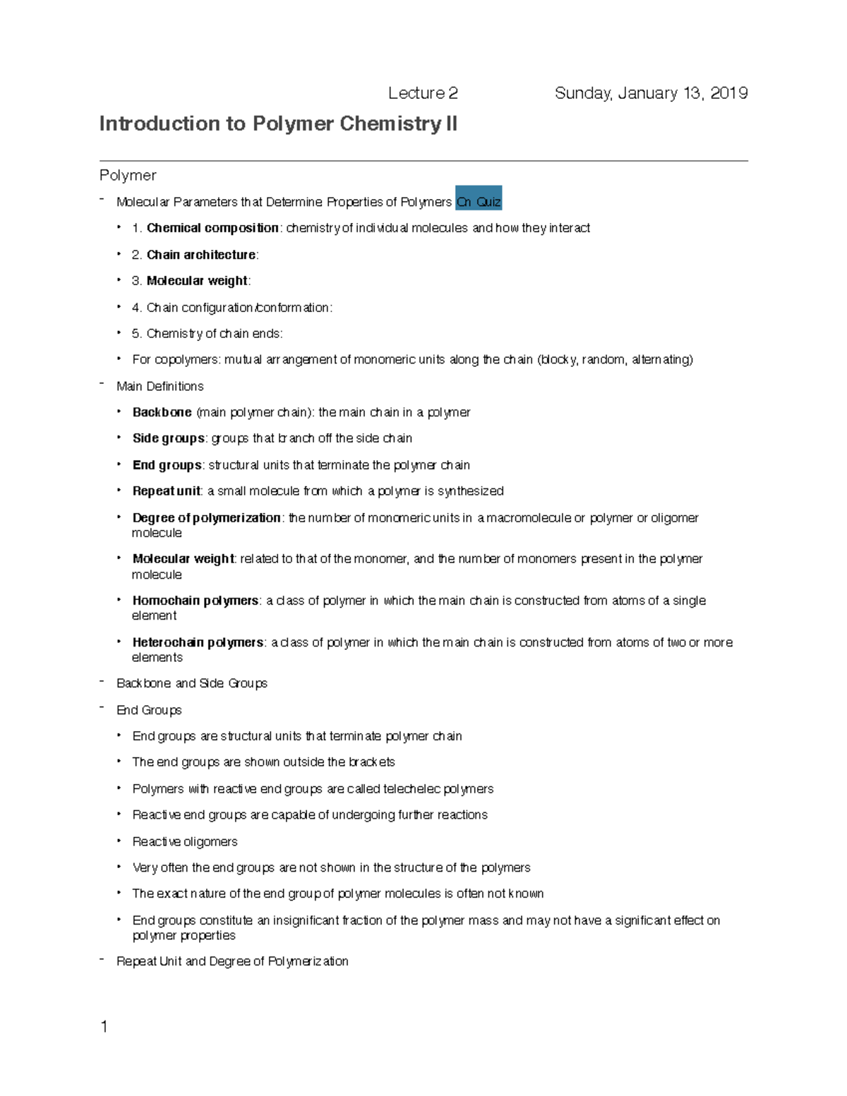 Lecture 2 - Lecture 2 Sunday, January 13, 2019 Introduction to Polymer ...