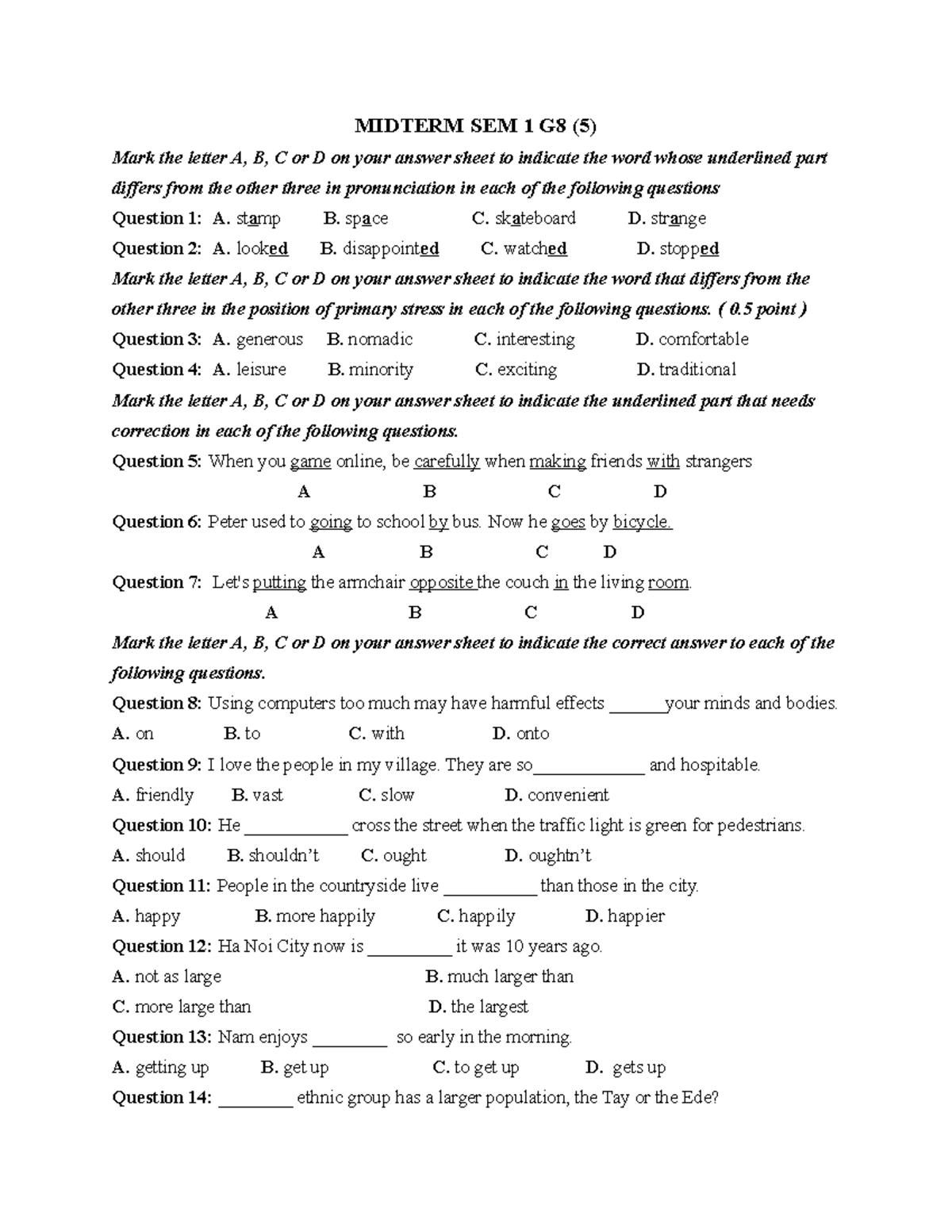 Midterm SEM 1 G8 - MIDTERM SEM 1 G8 (5) Mark the letter A, B, C or D on ...