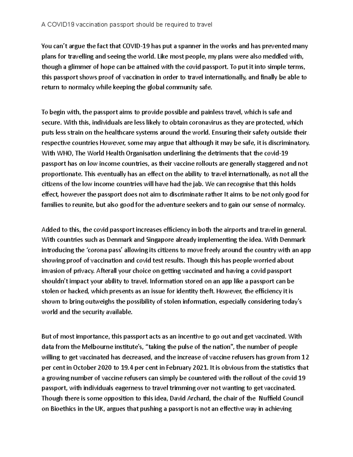 English Oral VCE U4 AOS1 - Covid 19 - A COVID19 vaccination passport ...