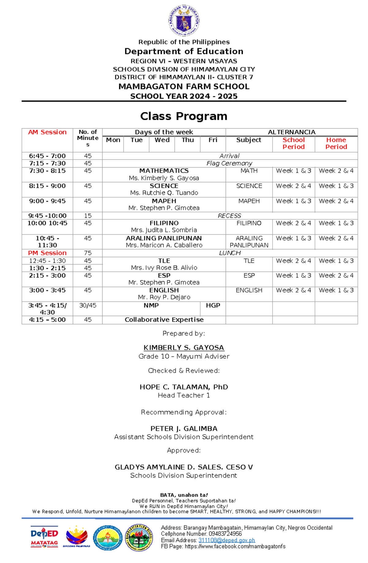 Class Teachers Program MFS - Address: Barangay Mambagatain, Himamaylan ...