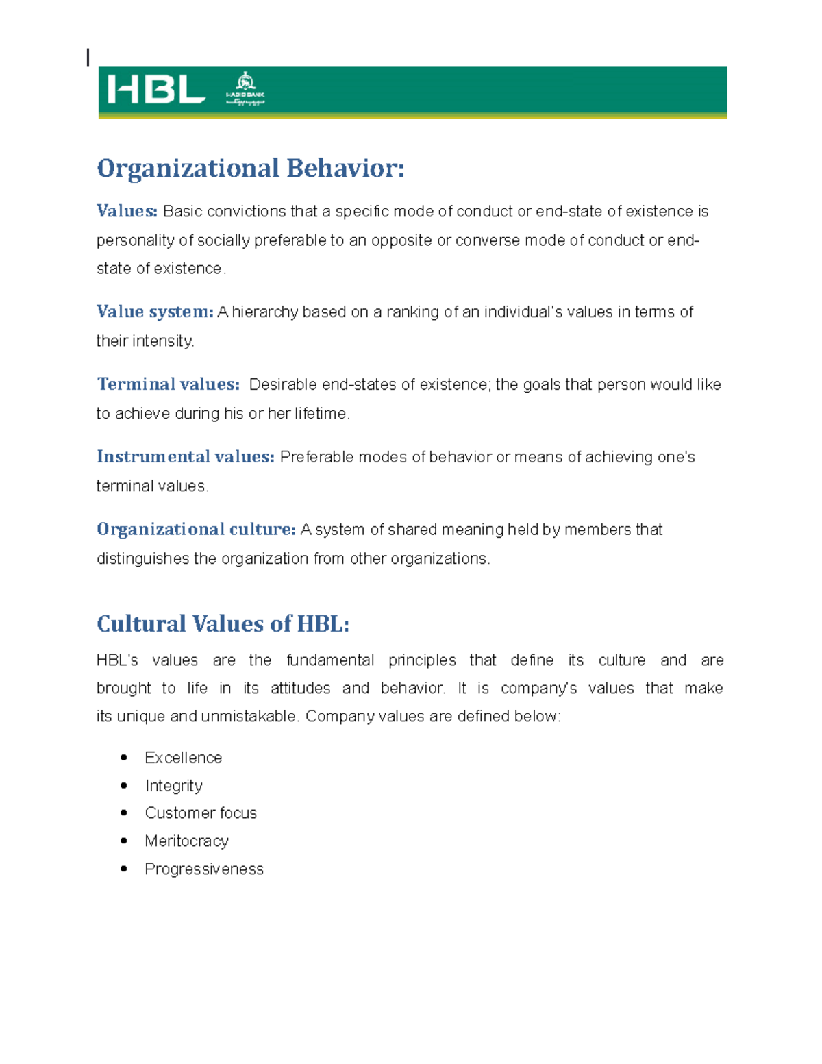 Behavioral and Values of HBL Culture assignment for MBA students 3rd ...