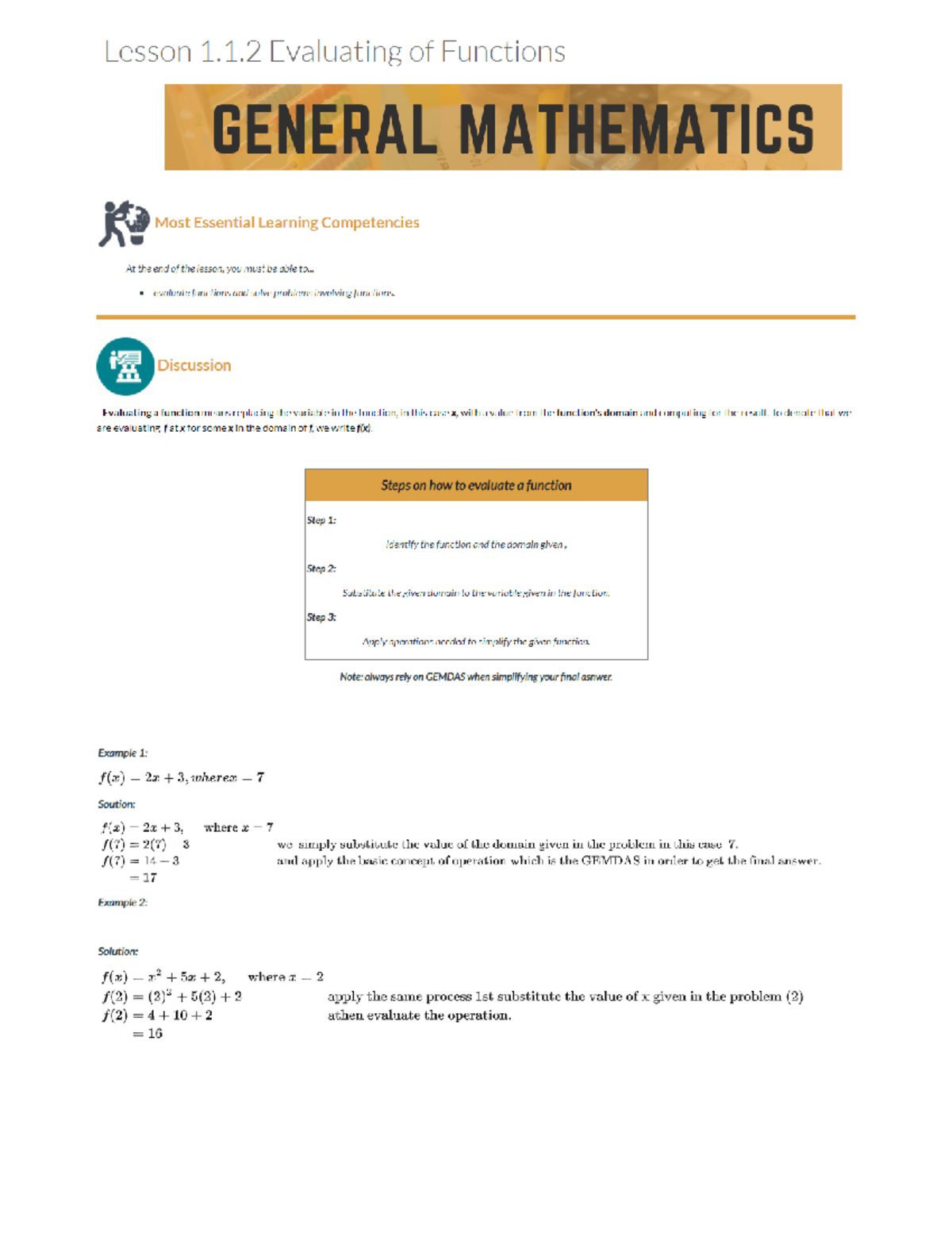 Lesson 1.1.2 Evaluating of Functions - Mathematics In The Modern World ...