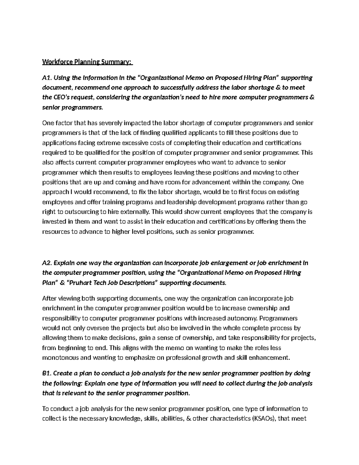 D354 Task1 Talent Aquisition - Workforce Planning Summary: A1. Using ...