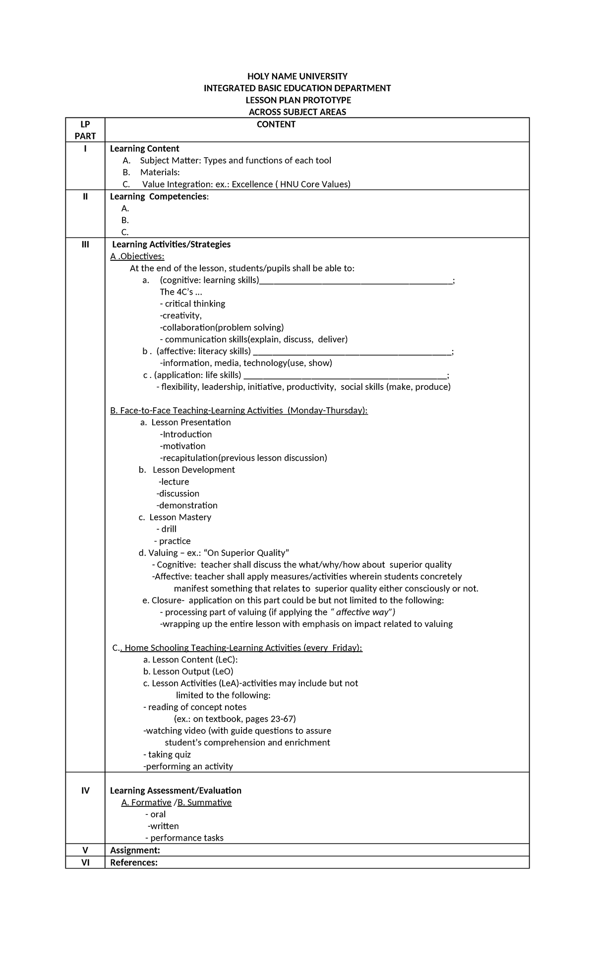 Lesson PLAN Prototype Across Subject Areas - HOLY NAME UNIVERSITY ...