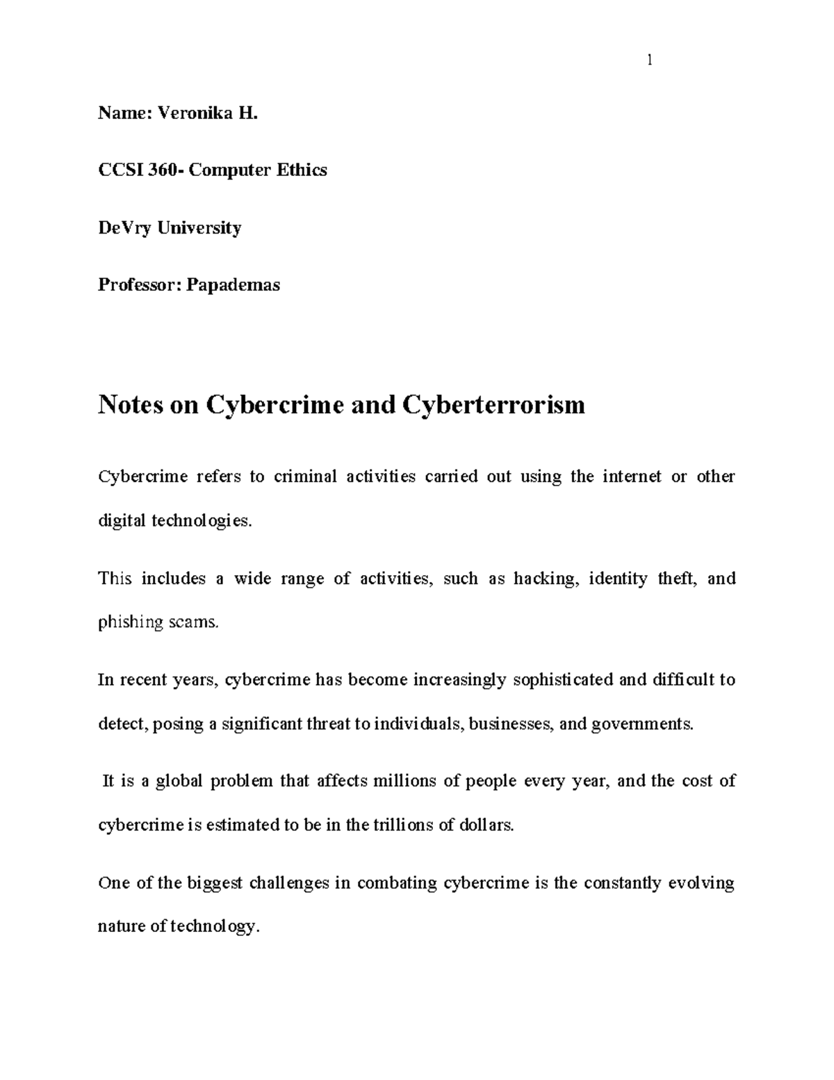 Notes on Cybercrime and Cyberterrorism - Name: Veronika H. CCSI 360 ...