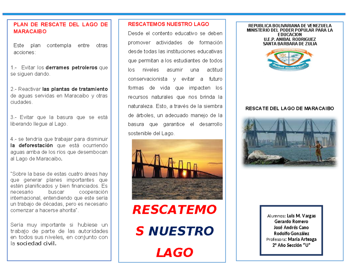 Triptico Johandra - PLAN DE RESCATE DEL LAGO DE MARACAIBO Este plan ...