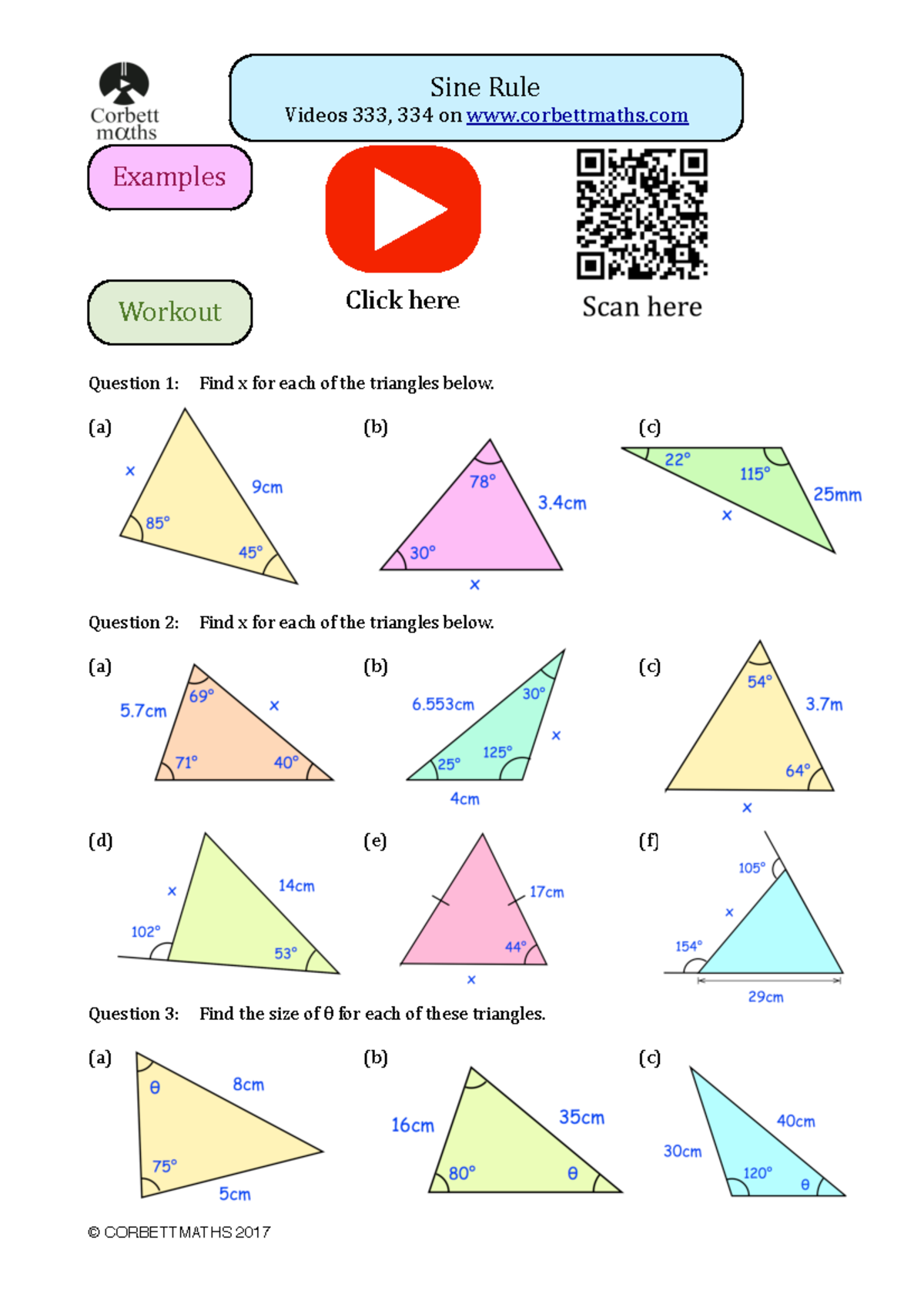 Sine-Rule-pdf - Good to have - Sine Rule Videos 333, 334 on corbettmaths Question 1: Find x for ...