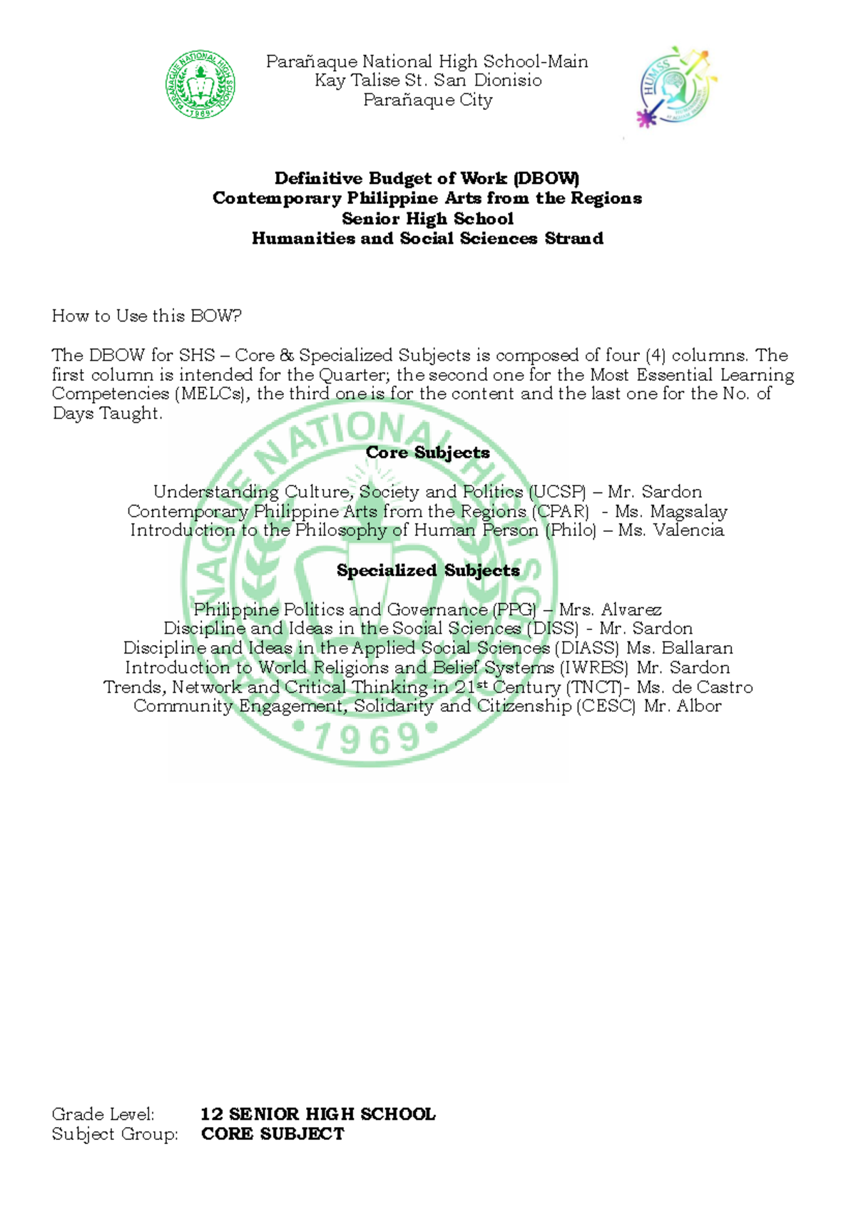 DBOW Humss PNHS-MAIN-CPAR SY-2024-2025 - Parañaque National High School ...