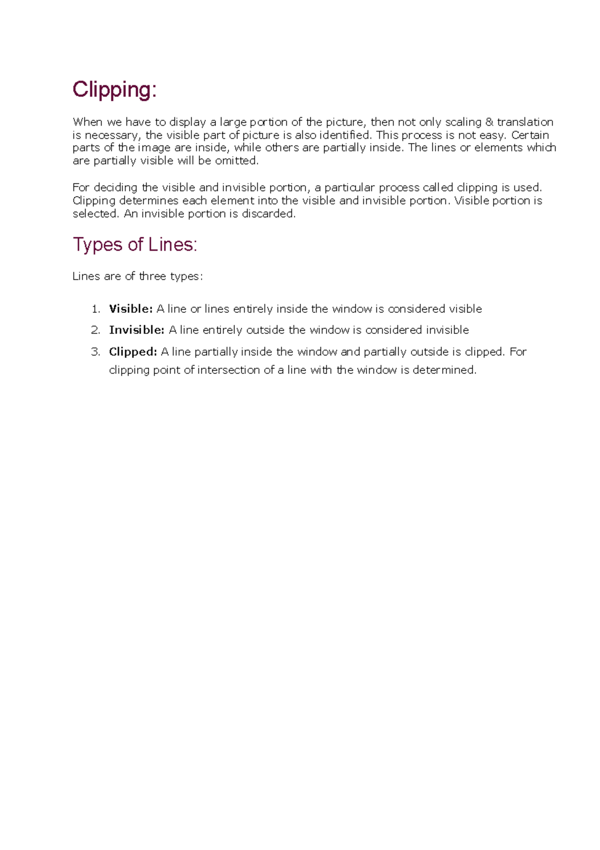 Clipping - Lecture notes 10 - Clipping: When we have to display a large ...