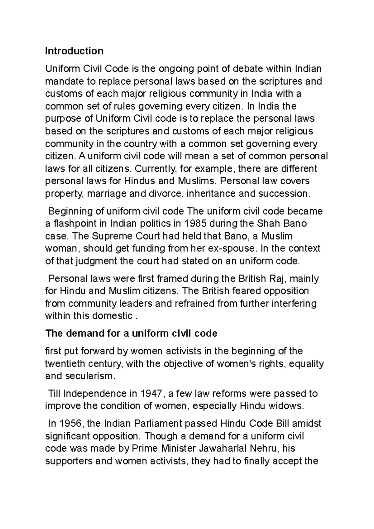 Uniform civil code notes - Introduction Uniform Civil Code is the ...