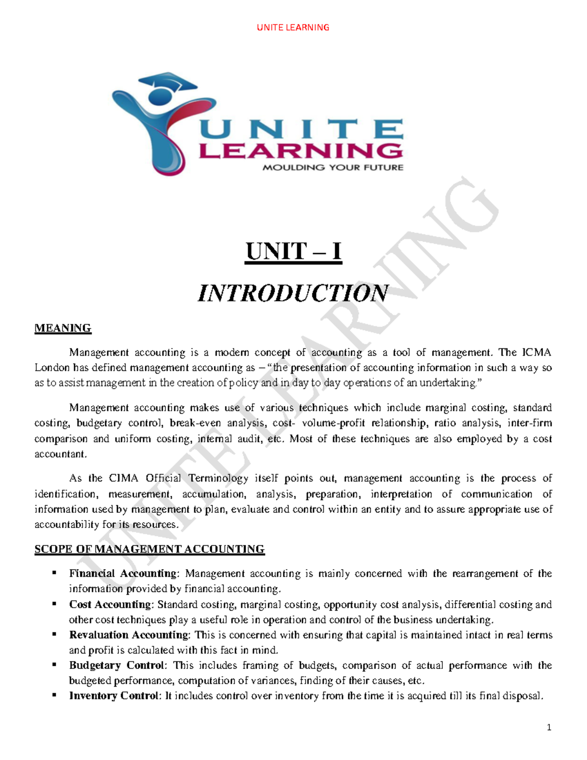 Management Accounting - UNIT – I INTRODUCTION MEANING Management ...